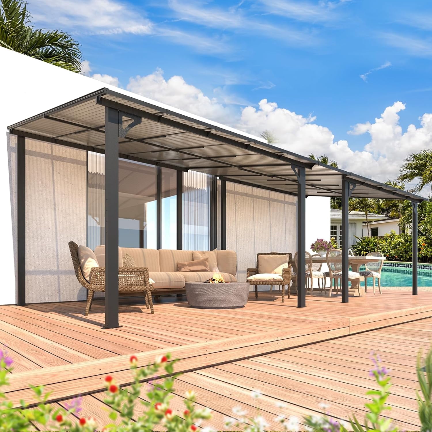 YODOLLA 10' x20' Hardtop Gazebo Outdoor Wall-Mounted Aluminum Pergola ...