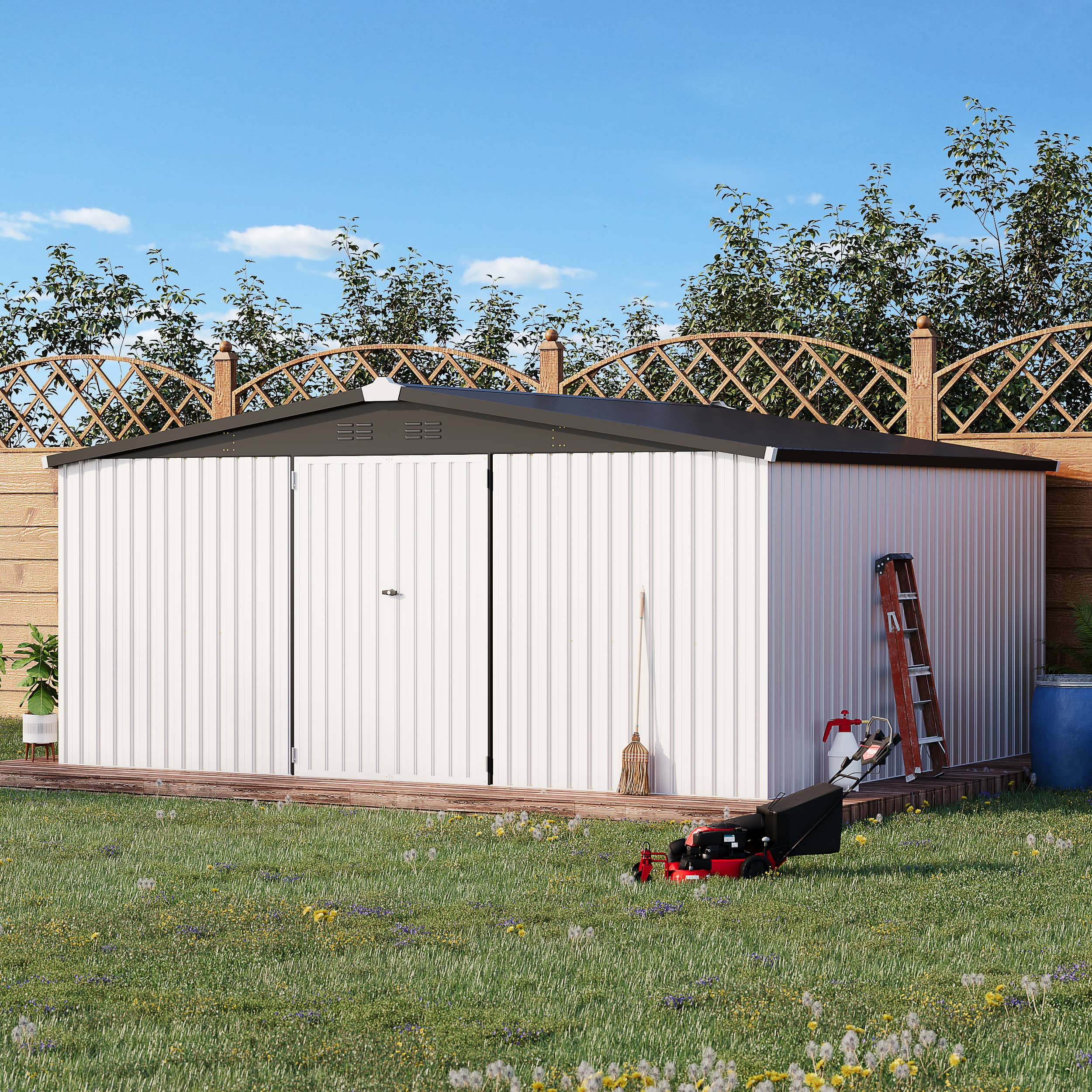 YODOLLA 14' x 12' Outdoor Storage Shed with Lockable Door Patio Metal ...
