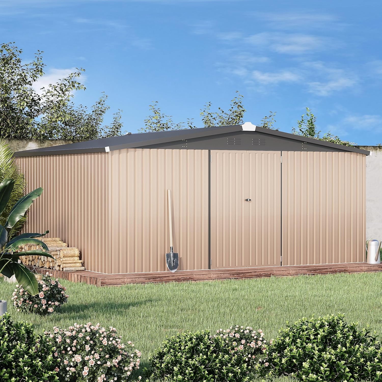 YODOLLA 14 x 12 ft. Outdoor Metal Storage Shed with Sliding Roof ...