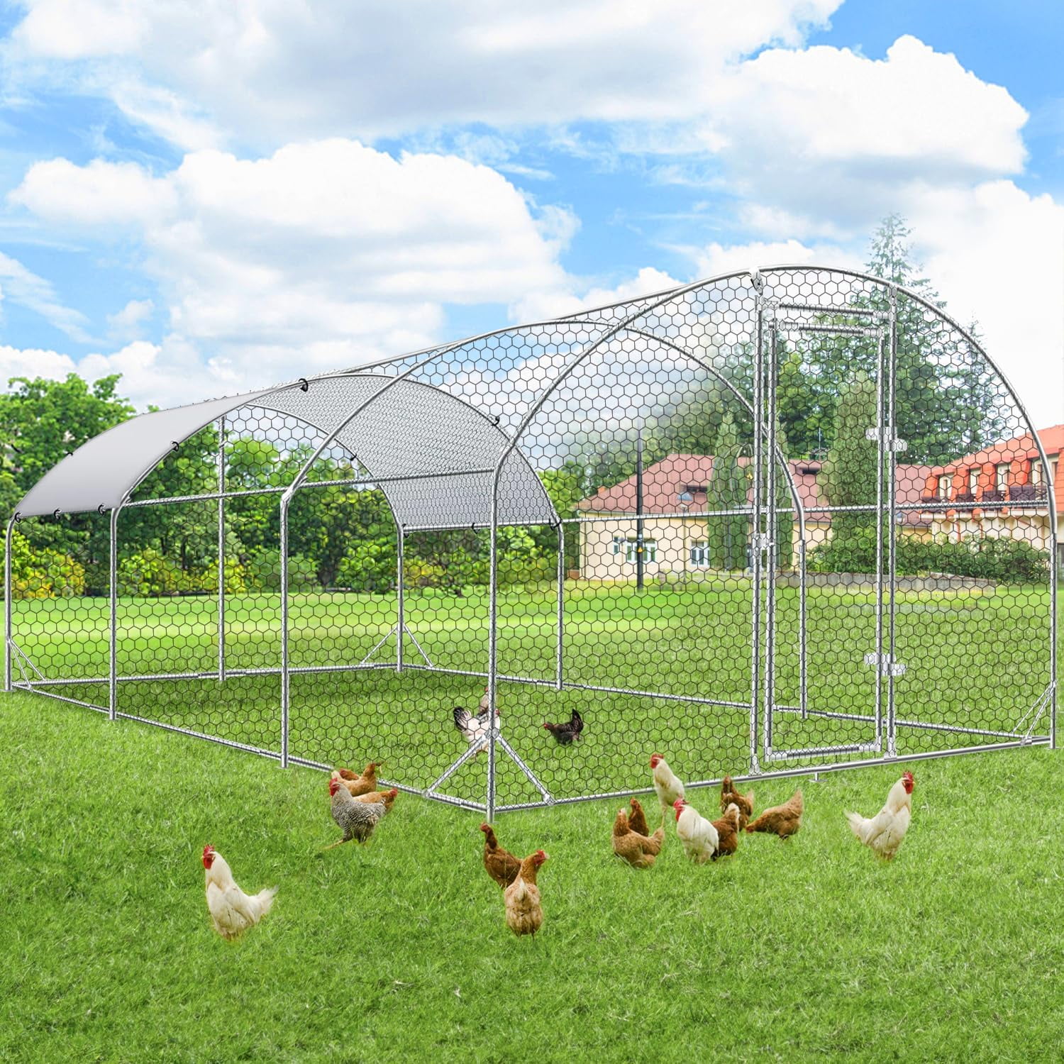 YODOLLA 195 Sq.Ft Large Walk-in Metal Chicken Cage Round-Top Chicken ...