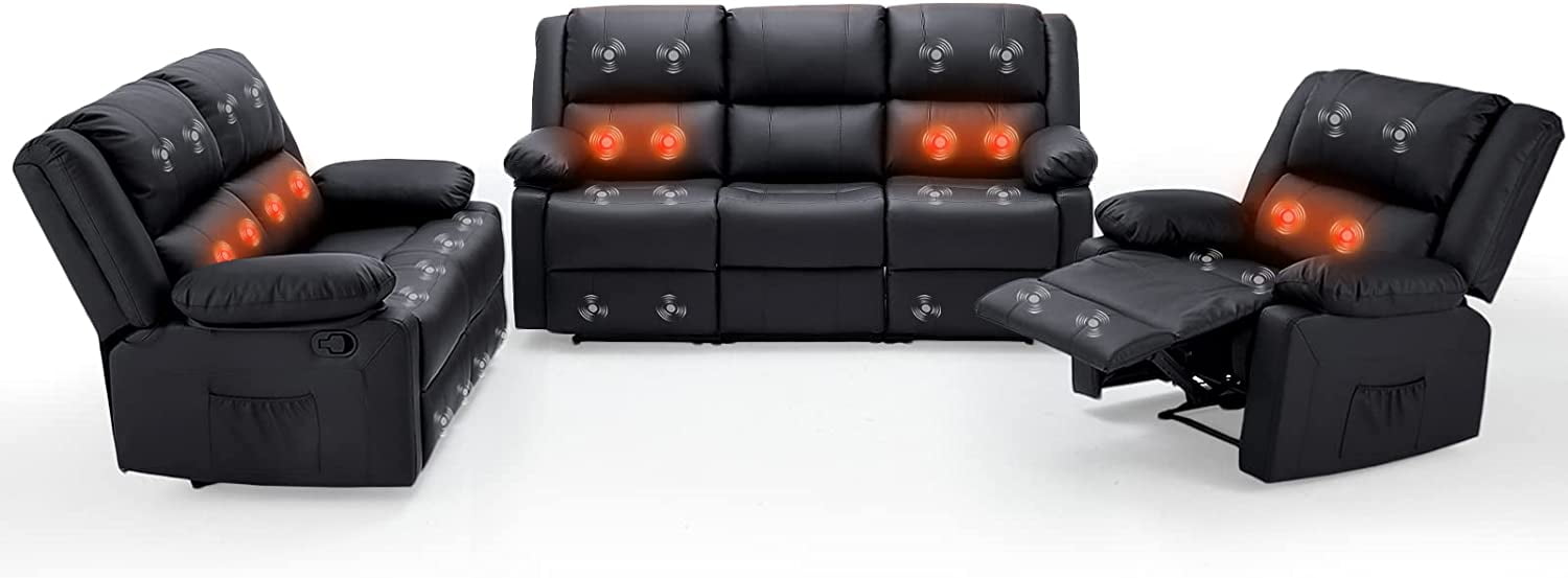 YODOLLA 3-Piece Power Reclining Sofa Set, Massage & Heated, Leather ...