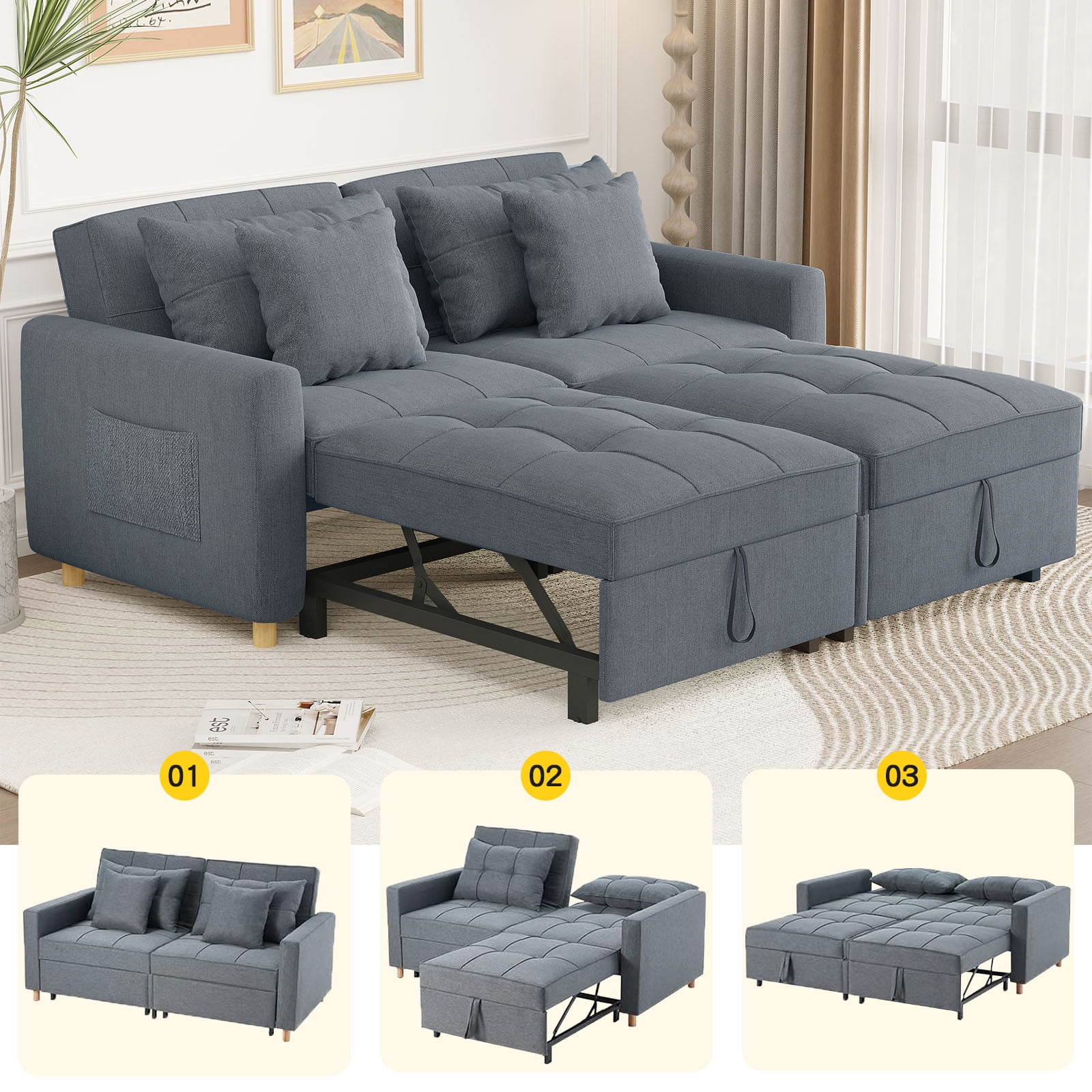 YODOLLA 3-in-1 Futon Pull Out Couch & 71" Sleeper Sofa Bed for Living ...