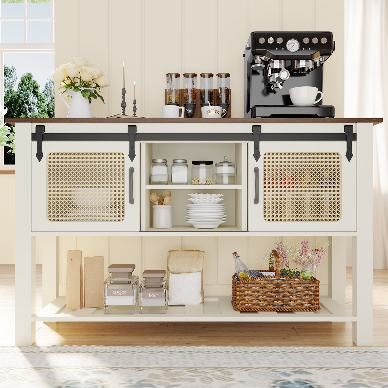 YODOLLA 46'' Kitchen Sideboard Buffet Cabinet with 2 Rattan Sliding ...