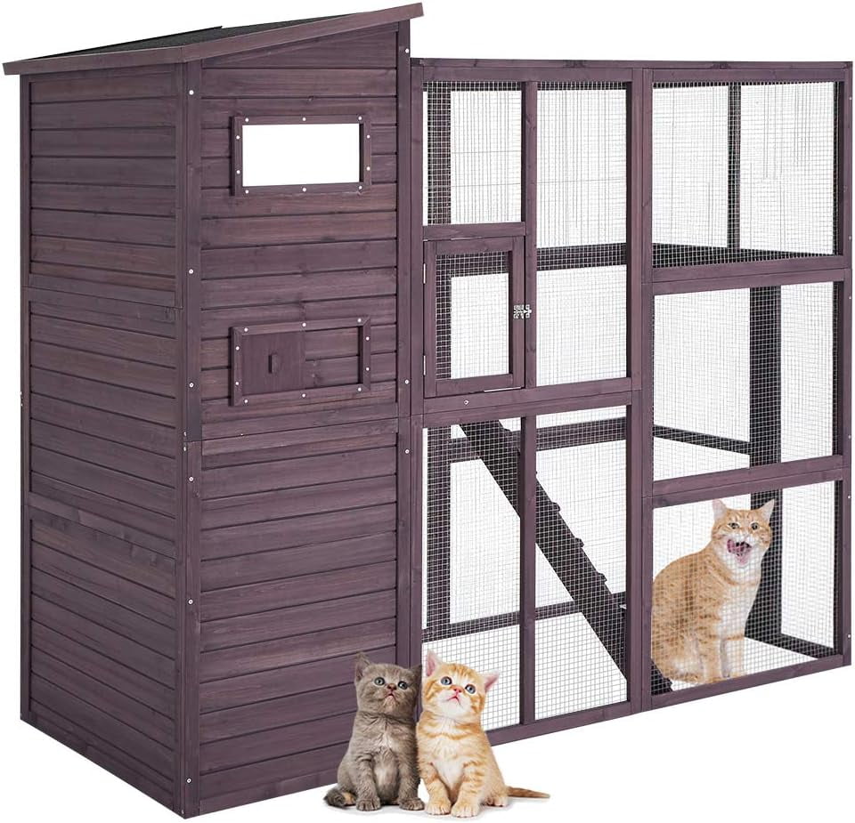 YODOLLA 70'' H Large Wooden Catio Outdoor Cat Enclosure Walk-in Cat ...