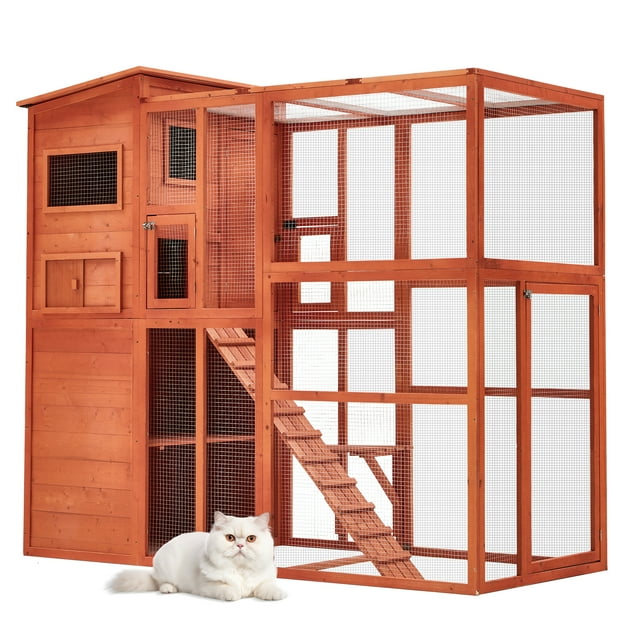 YODOLLA 70'' H Large Wooden Catio for Indoor/Outdoor, Walk-in Cat House ...