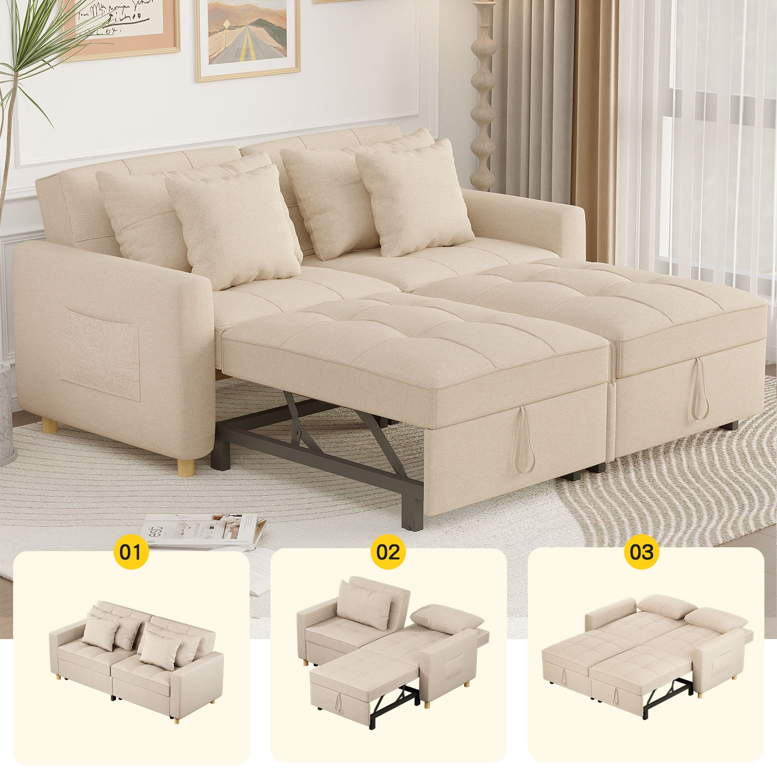 YODOLLA 3-in-1 Futon Pull Out Couch & 71" Sleeper Sofa Bed for Living ...