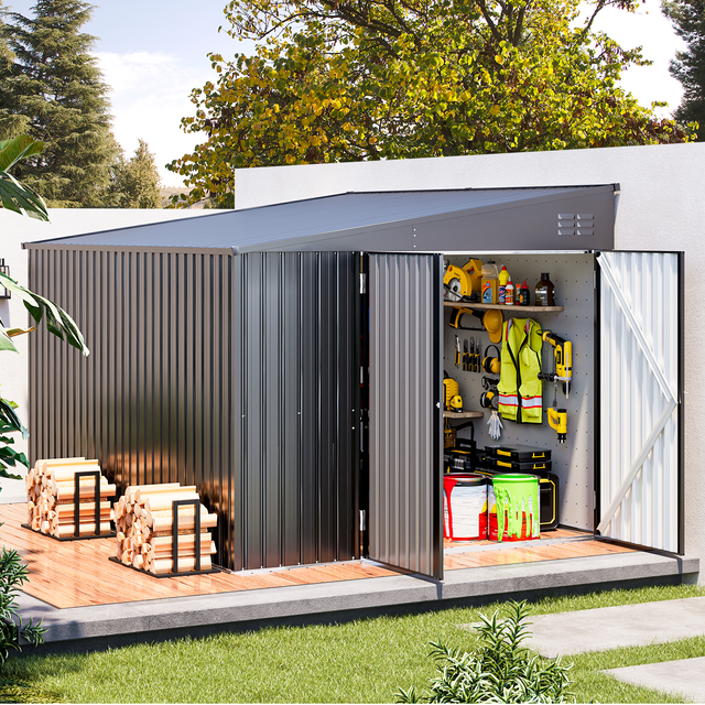 YODOLLA 8' x 10' Outdoor Metal Storage Side Shed with Lockable Door ...