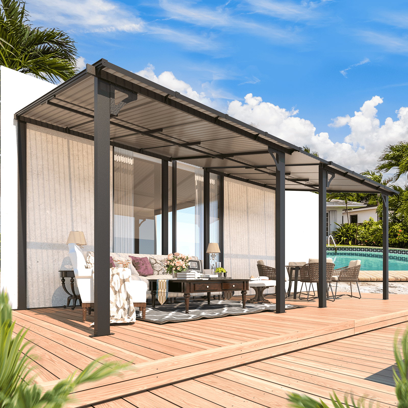 YODOLLA 8' x16' Hardtop Gazebo Outdoor Wall-Mounted Aluminum Pergola ...
