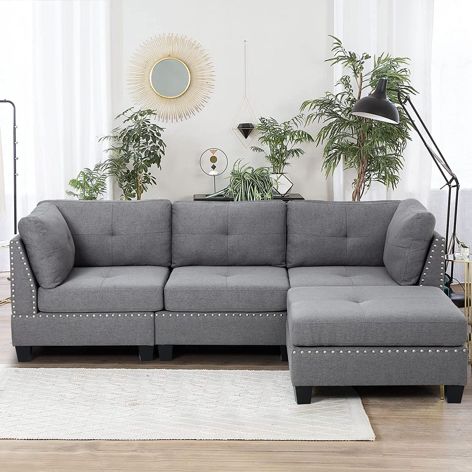AYCP Furniture L Shape Sectional Sofa with Ottoman, Left Chaise, Black ...