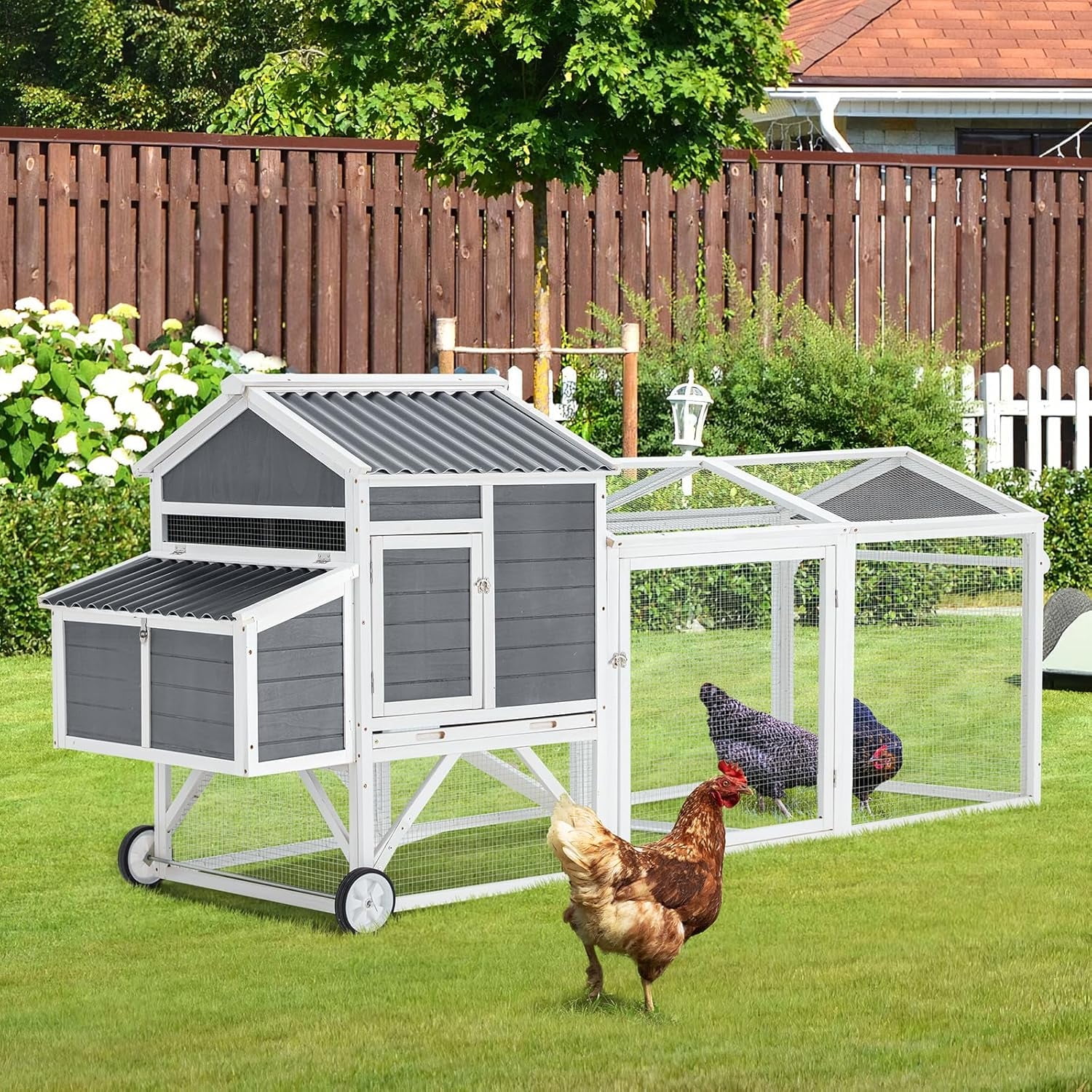 YODOLLA 95" Chicken Coop with Wheels, Poultry Cage Wooden Chicken Hutch ...