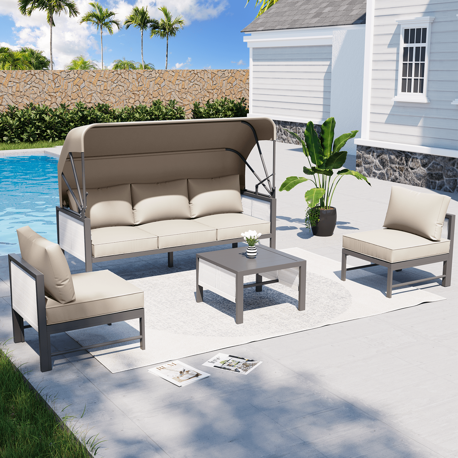 YODOLLA Aluminum Patio Furniture Sets, 4 Pieces Outdoor Sectionl Sofa ...