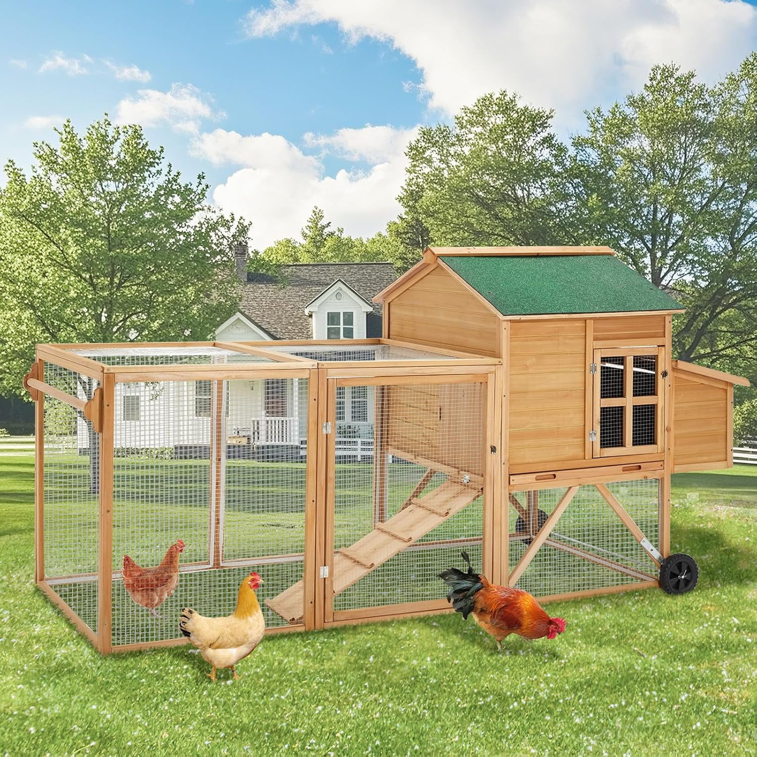 YODOLLA Chicken Coop 100" Wooden Large Chicken Cage with Run Chicken ...