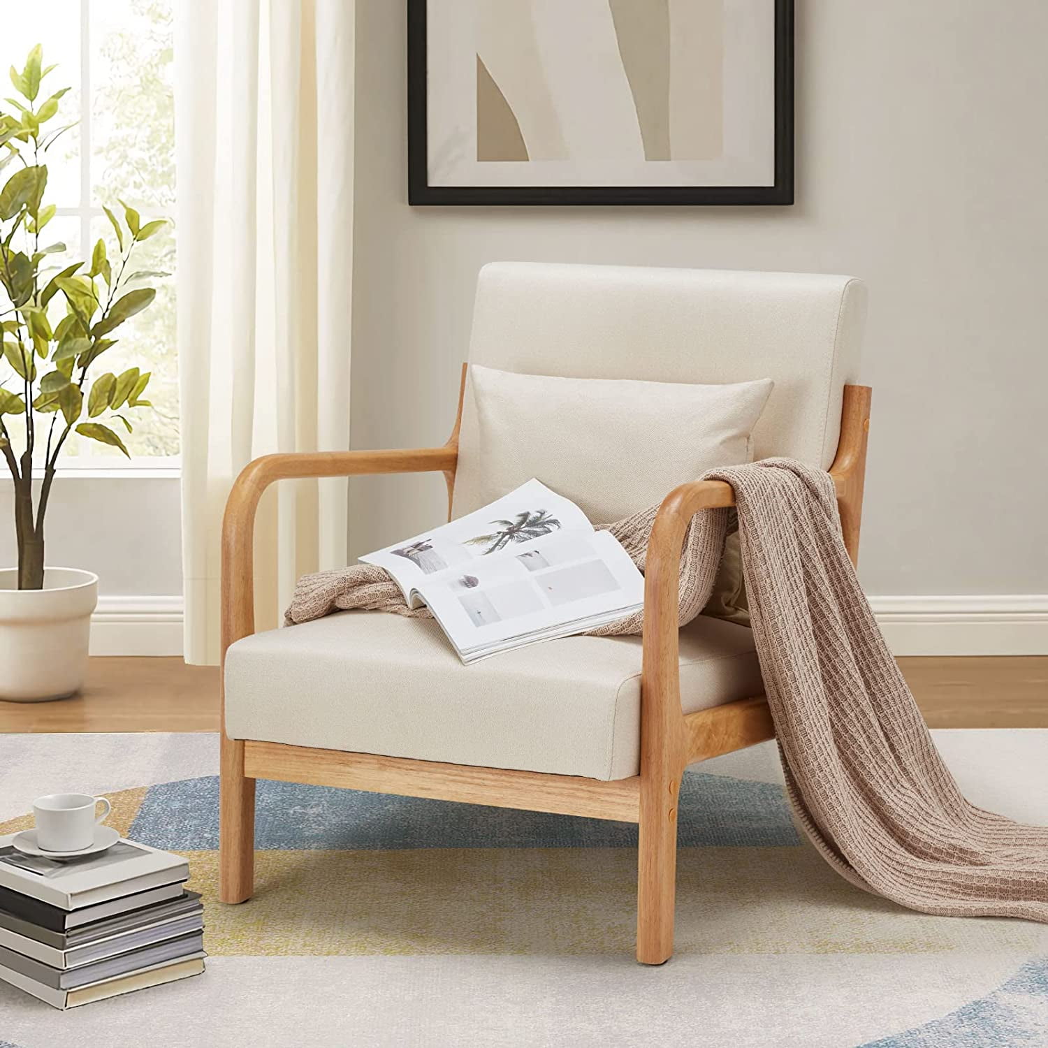 YODOLLA Mid-Century Modern Linen Armchairs, Upholstered White Accent ...