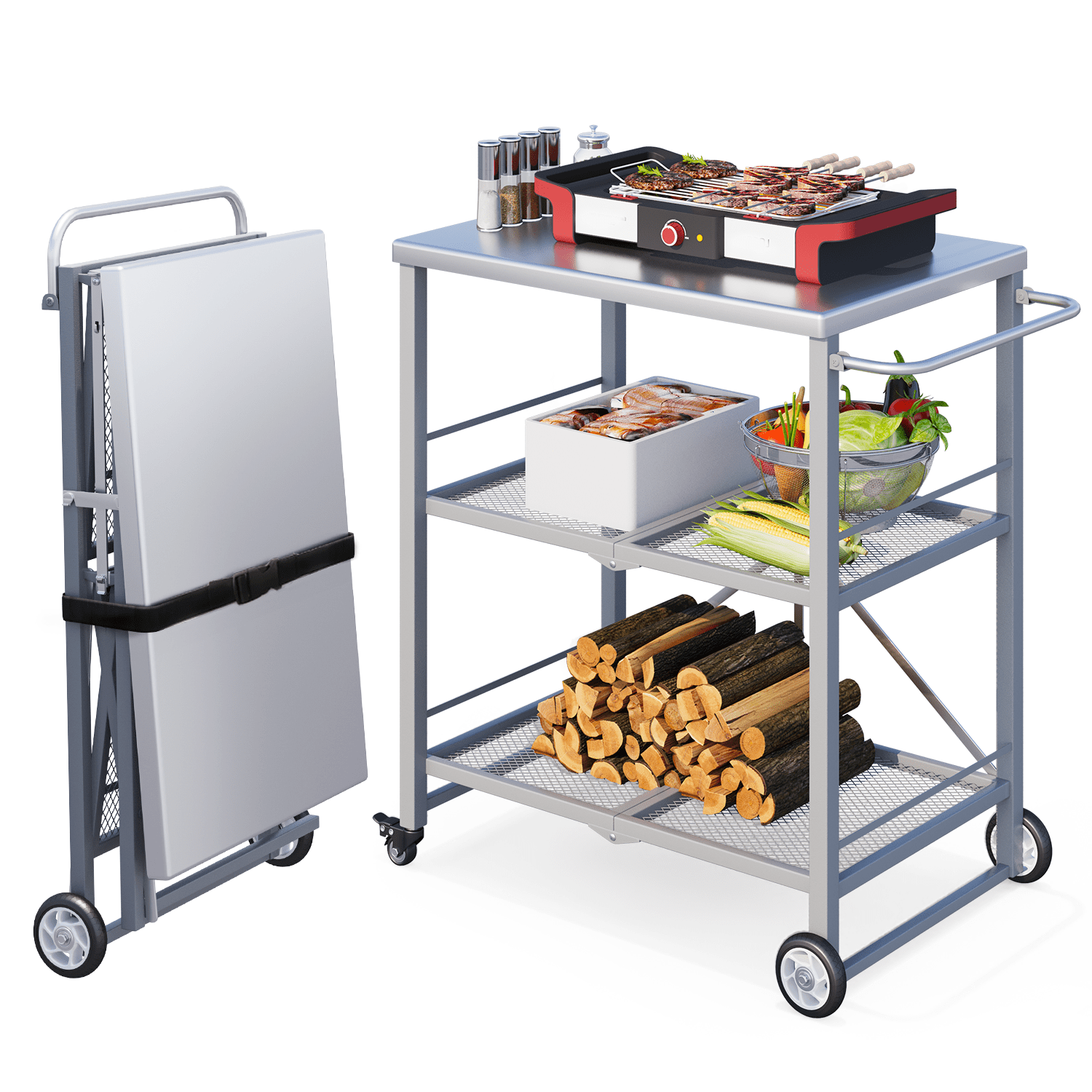 YODOLLA Foldable Outdoor Grill Cart 3 Tiers Stainless Steel Rolling ...