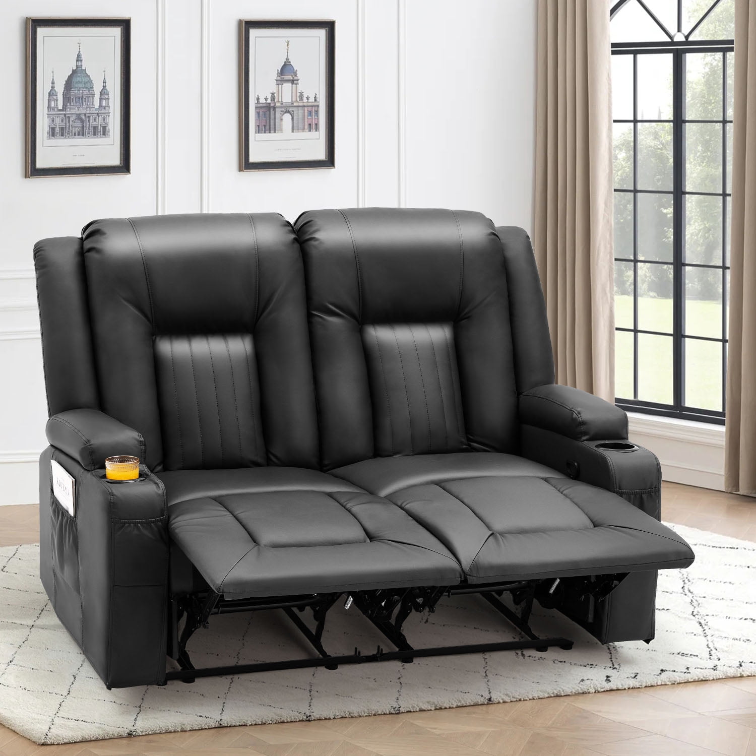 YODOLLA Manual Reclining Loveseat with Cup Holders&Side Pockets, PU ...