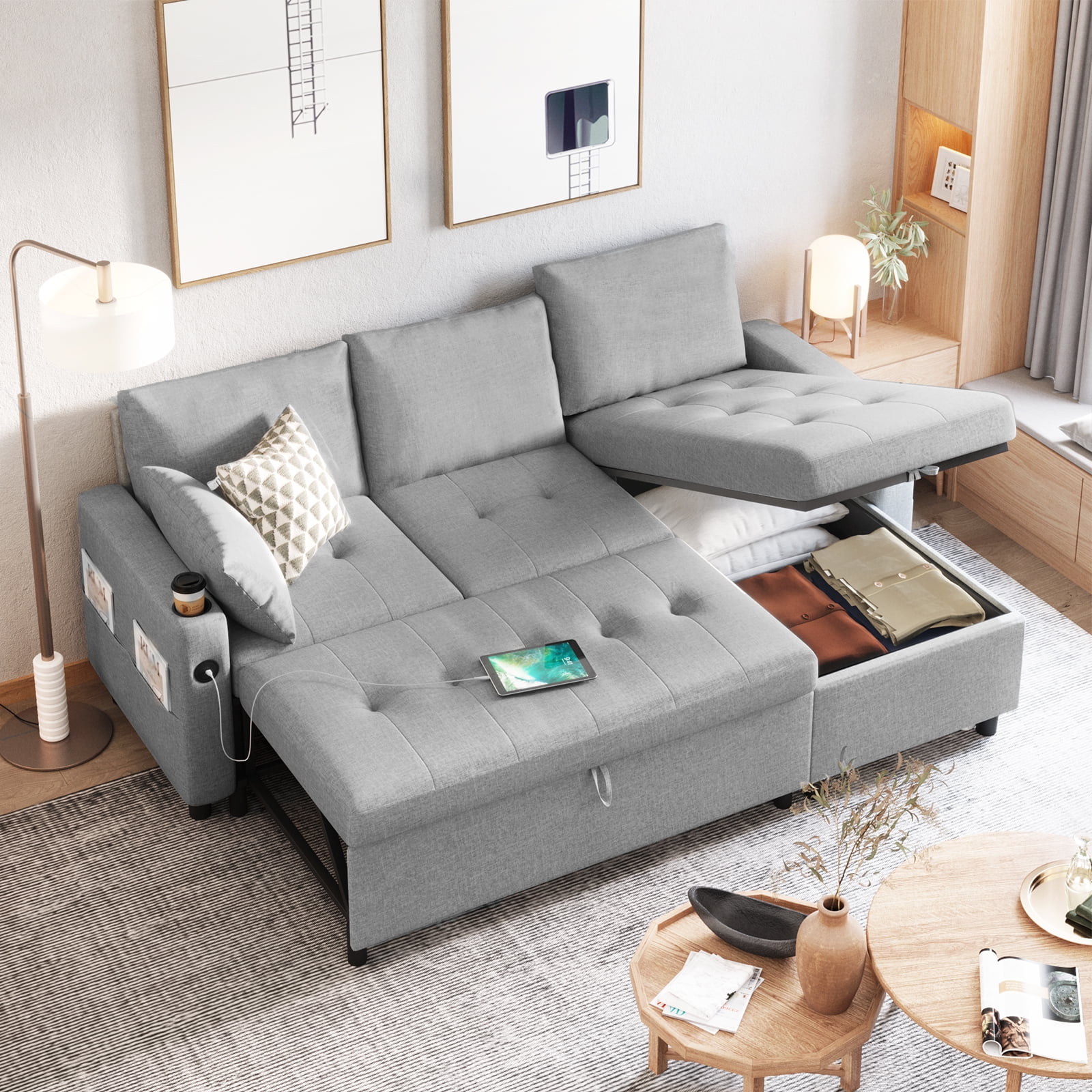YODOLLA Sofa Bed, 3 in 1 Sleeper Sofa with Storage Chair, Fabric L ...
