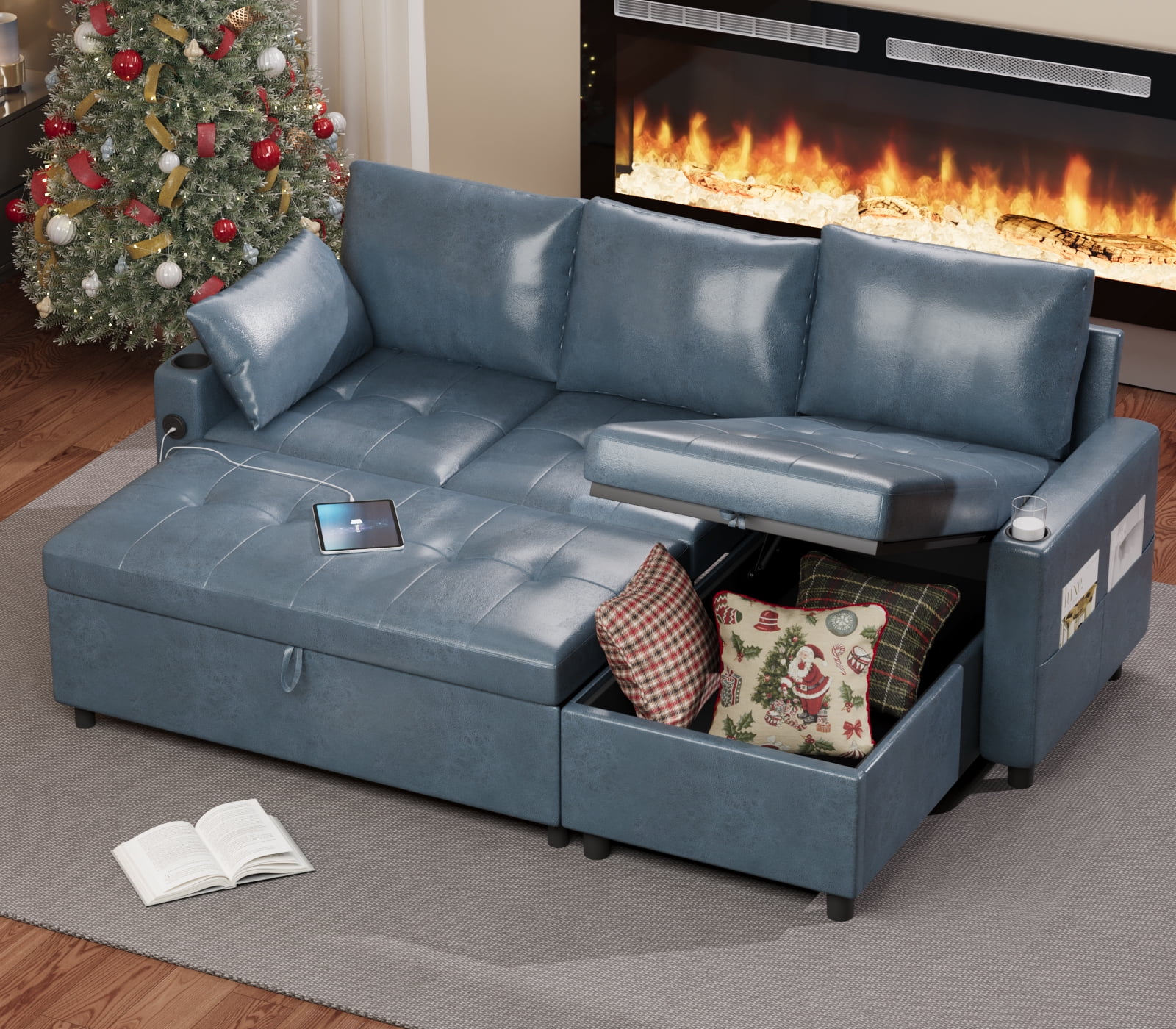 YODOLLA Sofa Bed, 3 in 1 Sleeper Sofa with Storage Chair, Faux Leather ...