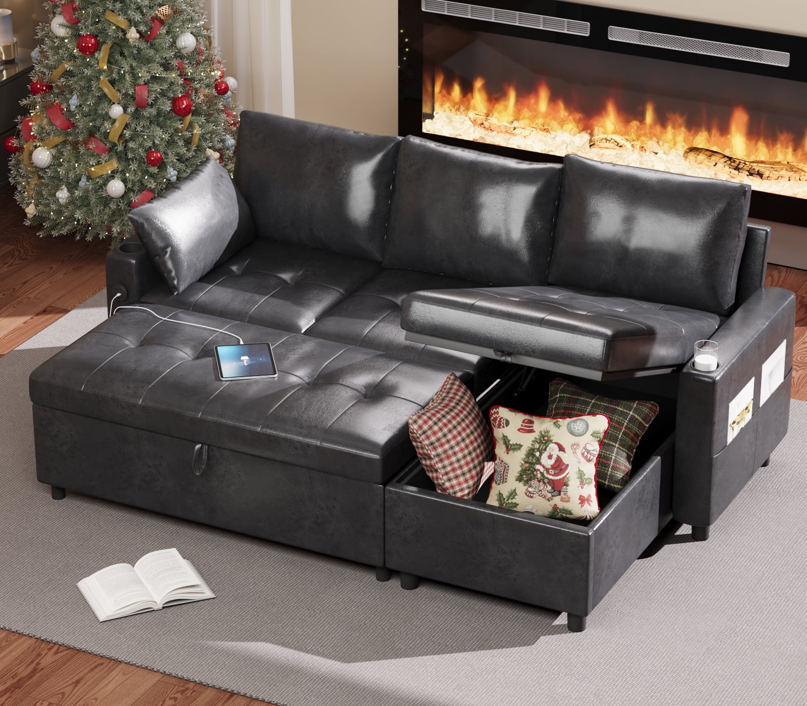 YODOLLA Sofa Bed, 3 in 1 Sleeper Sofa with Storage Chair, Faux Leather ...