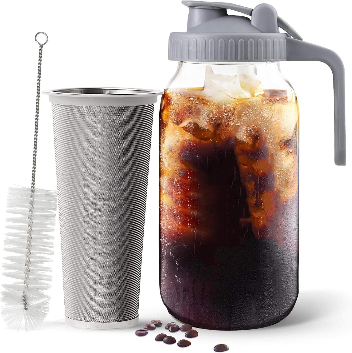 YOEXTO 64oz Cold Brew Pitcher with Lid, Iced Coffee Maker, Cold Brew Pitcher with Stainless ...