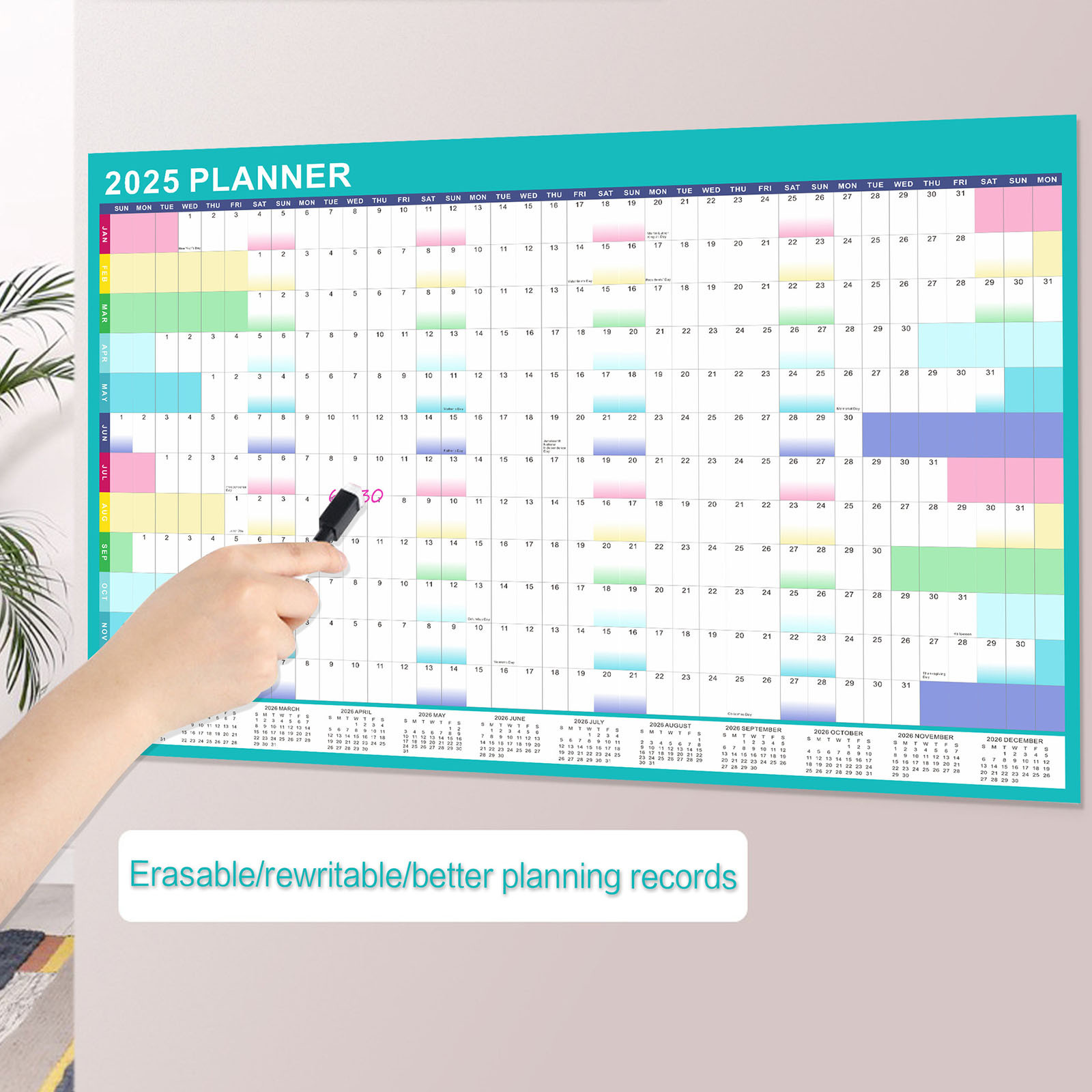 YOFOKO 2025 Wall Mounted Erasable English Calendar Planner - Reusable ...