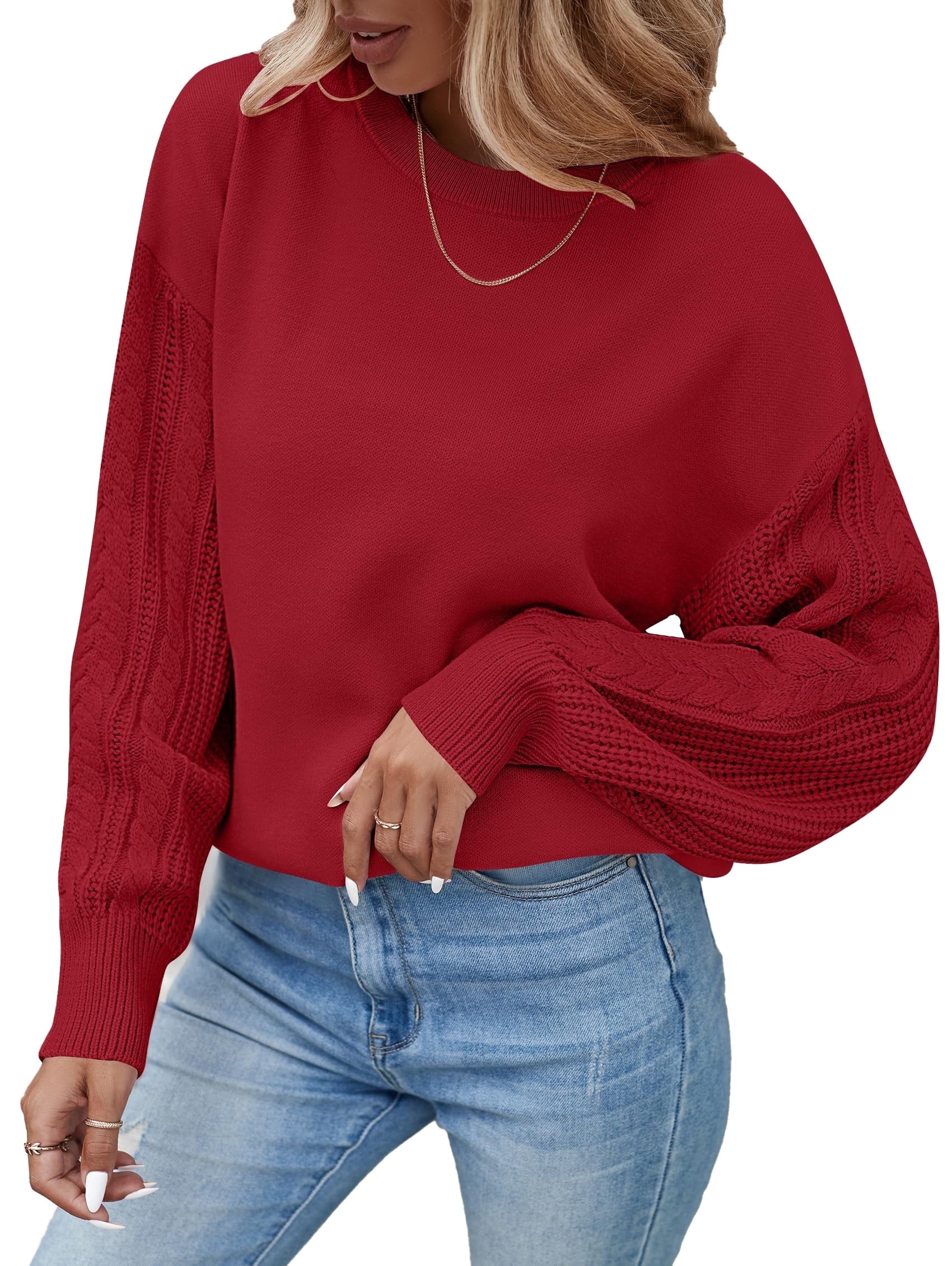 YOGAFOX Women Casual Oversized Cable Knit Long Sleeve Pullover Sweater Red XL - Walmart.com