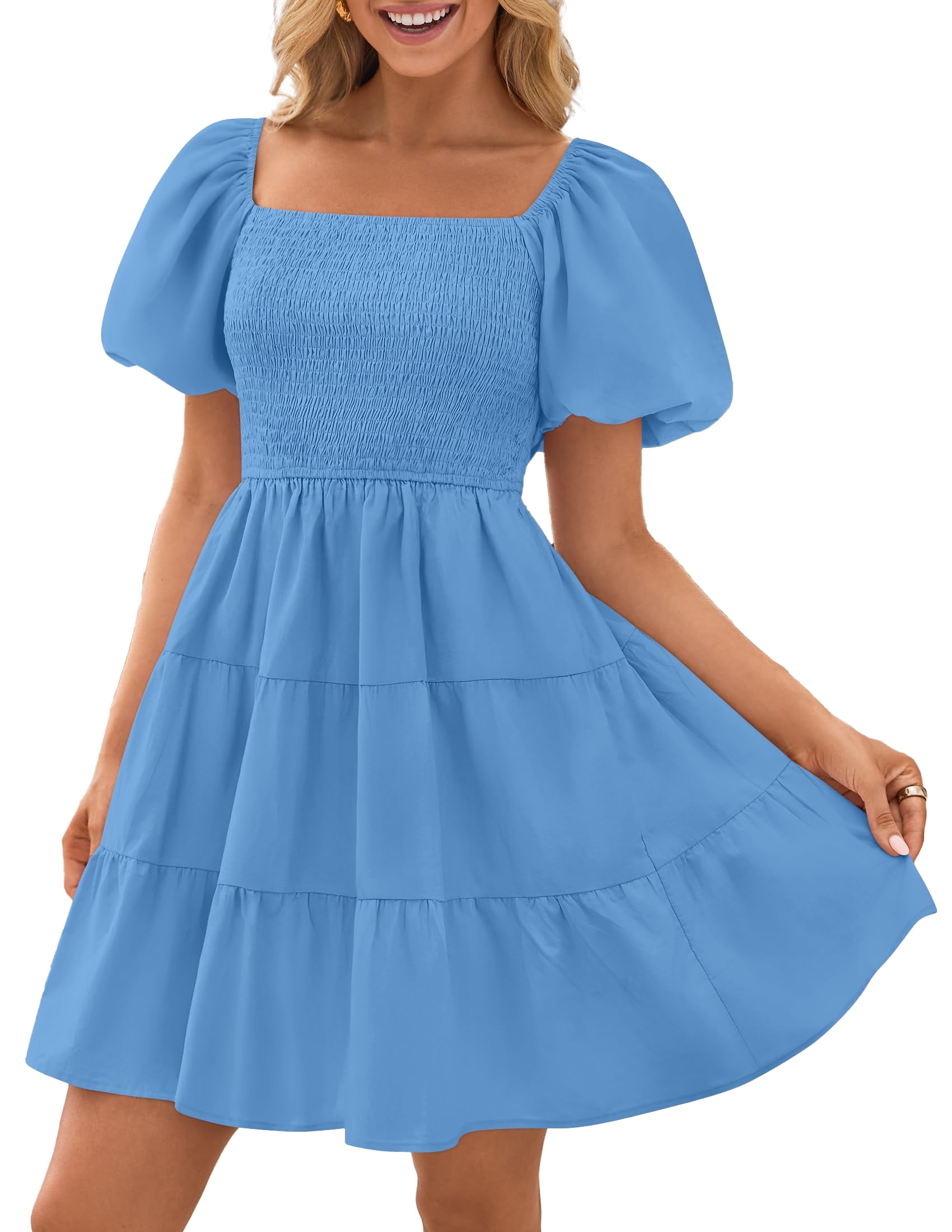 YOGAFOX Women Square Neck Puff Sleeve Tiered Boho Short Mini Dress Blue ...