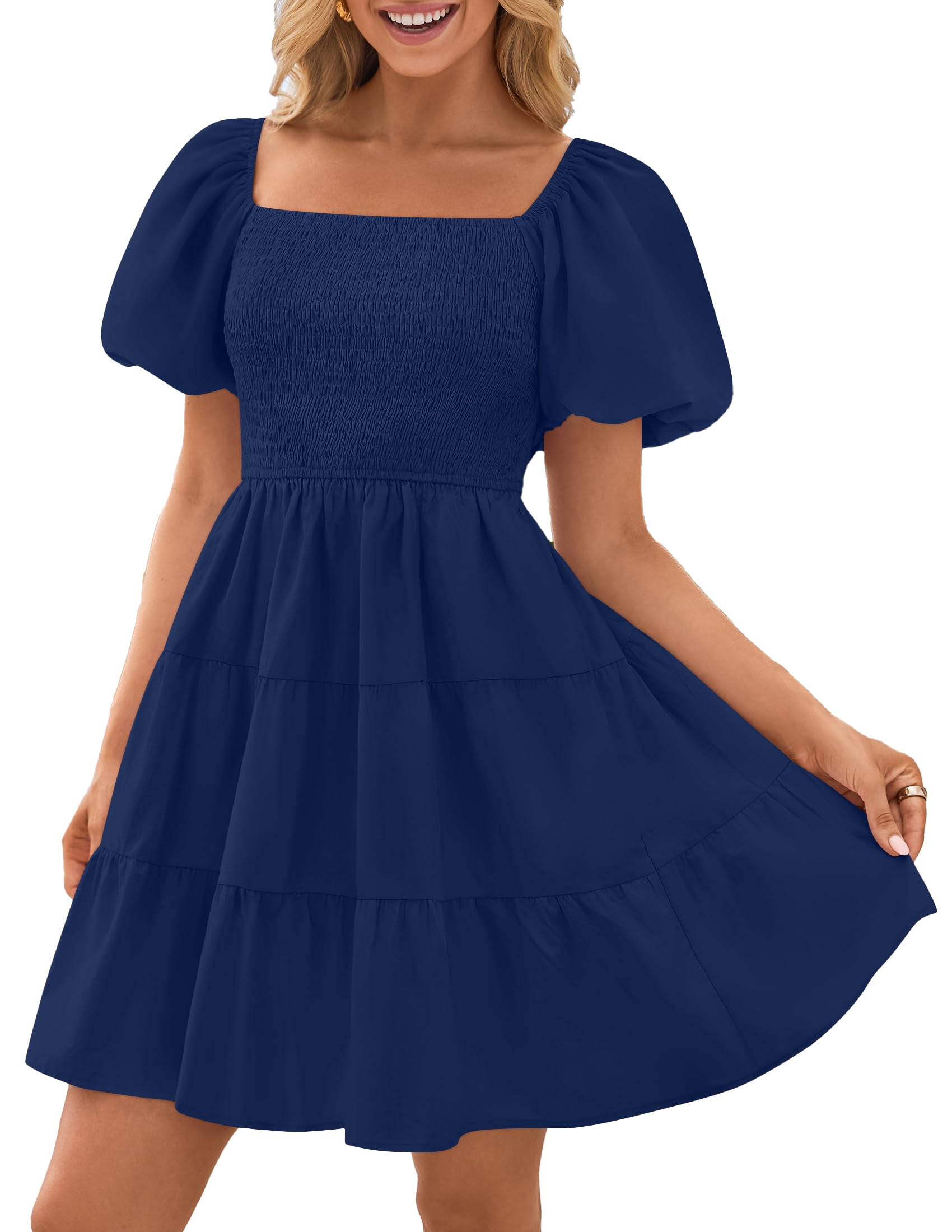 YOGAFOX Women Square Neck Puff Sleeve Tiered Boho Short Mini Dress Navy ...