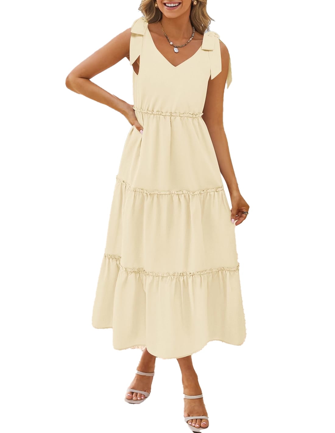 YOGAFOX Women V Neck Tie Shoulder Tiered Ruffle Boho Casual Midi ...