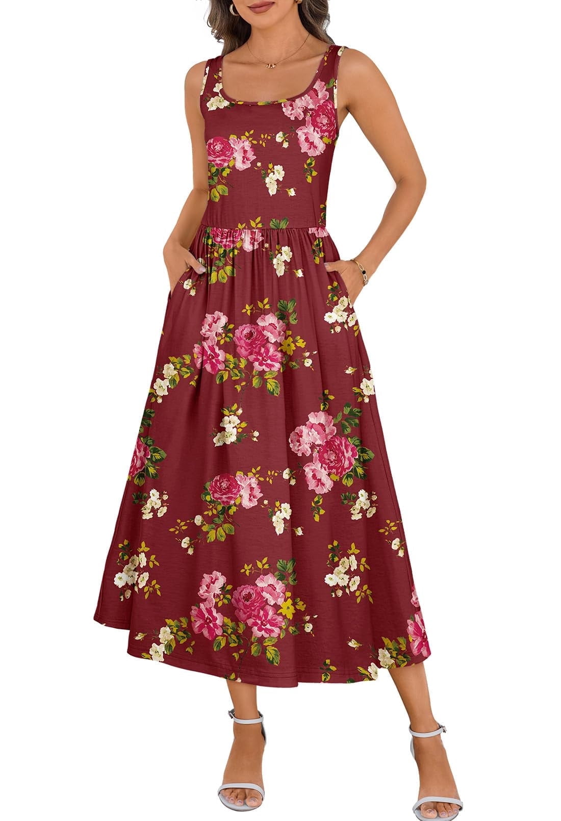 YOGAFOX Women's Boho Floral Square Neck Vacation Midi Sundress Wine L ...