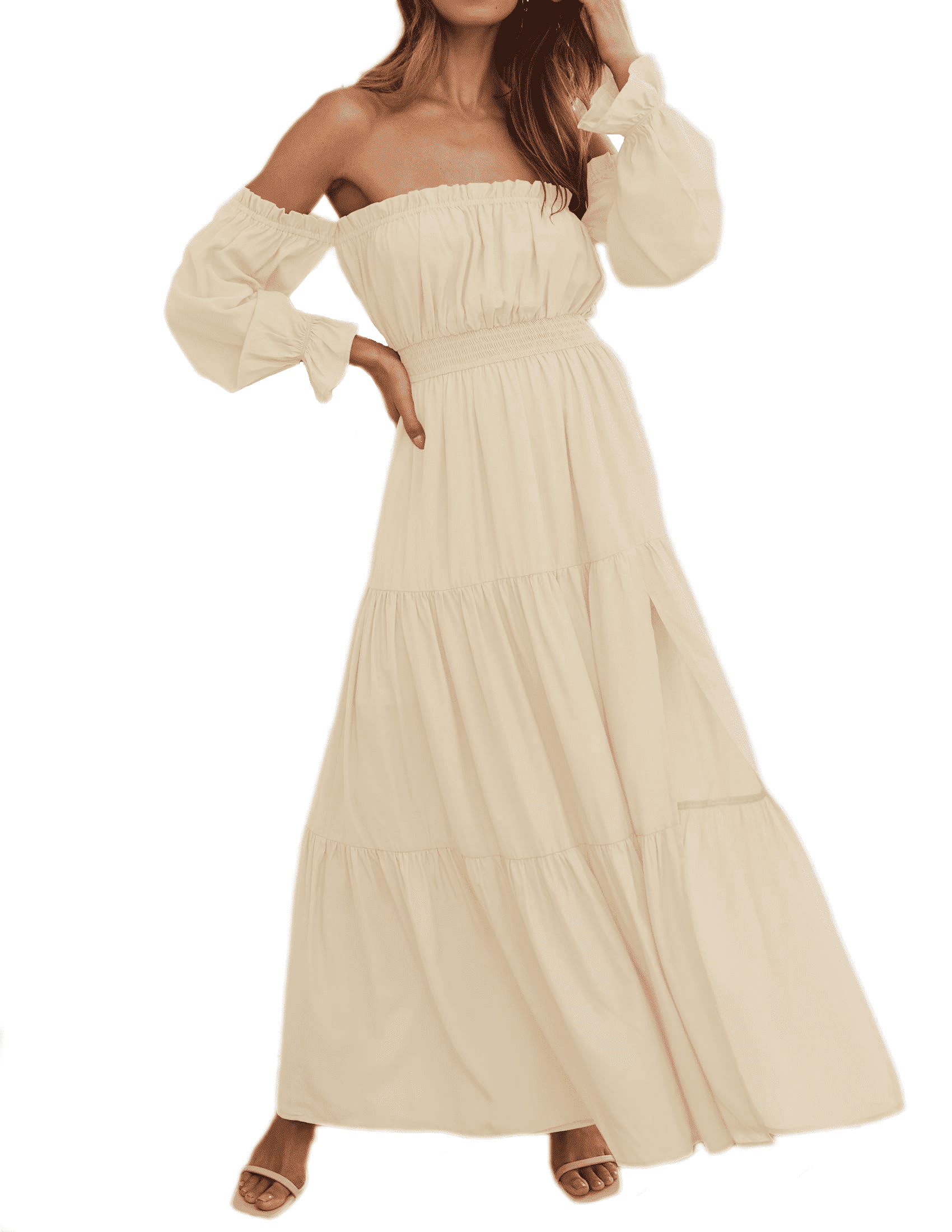 YOGAFOX Women's Boho Off Shoulder Long Sleeve Smocked Side Split Flowy ...