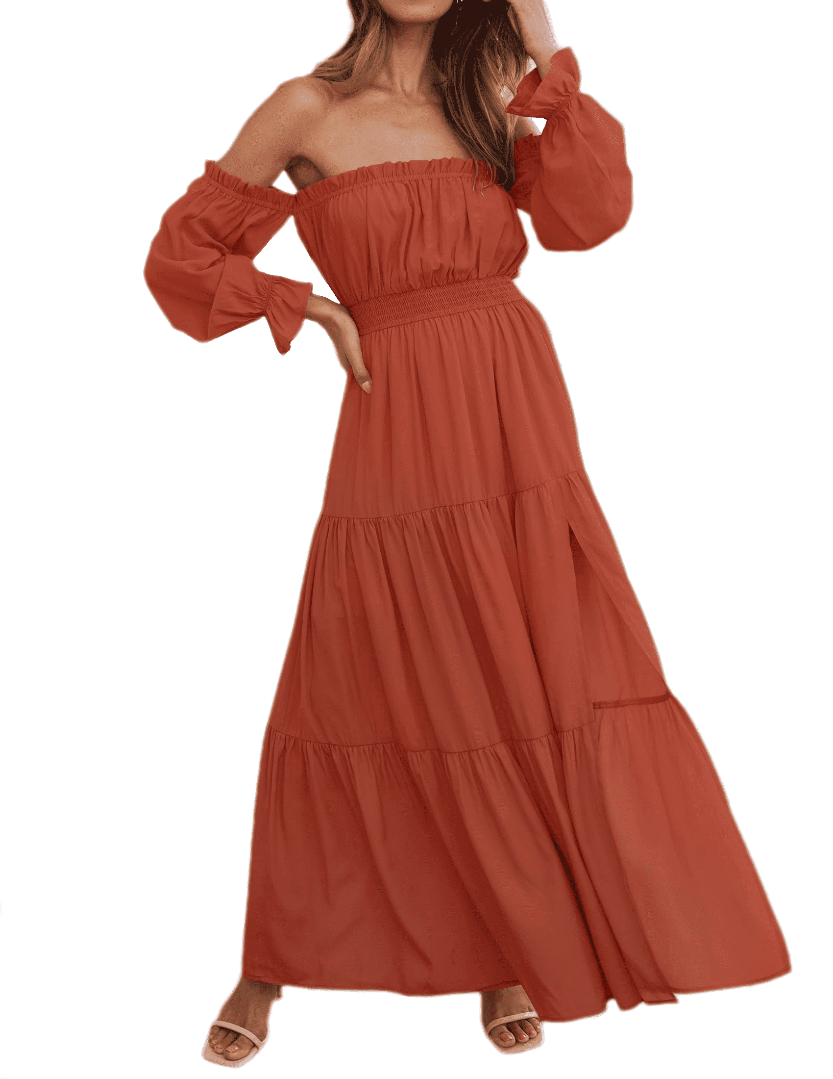 YOGAFOX Women's Boho Smocked Side Split Flowy Maxi Dress Rust Medium ...