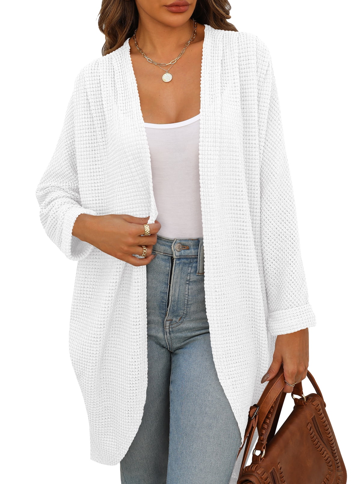 YOGAFOX Women's Fall Waffle Sweater Cardigan Batwing Long Sleeve Loose ...