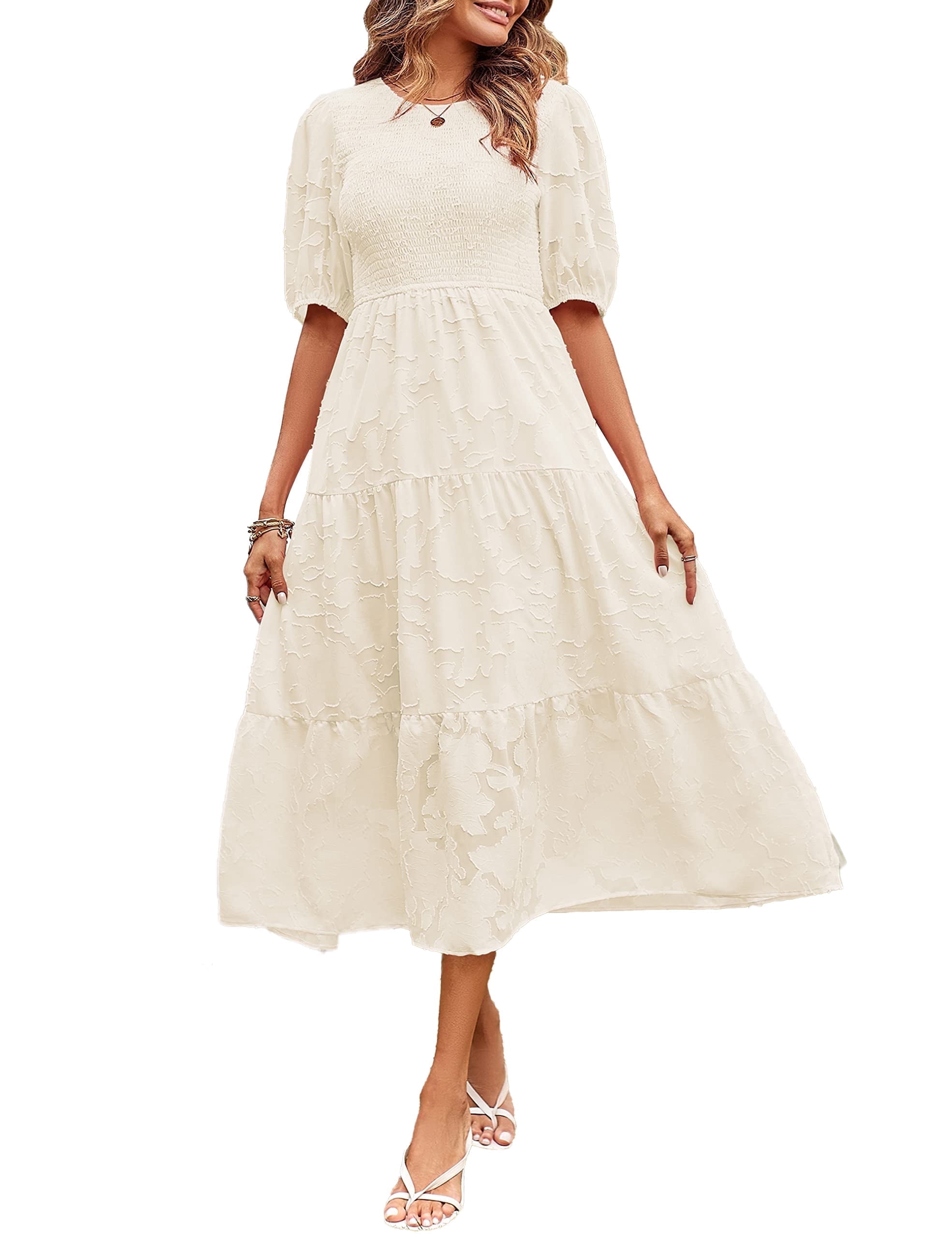 YOGAFOX Women's Floral Short Puff Sleeve Smocked Flowy Dress 2025 ...