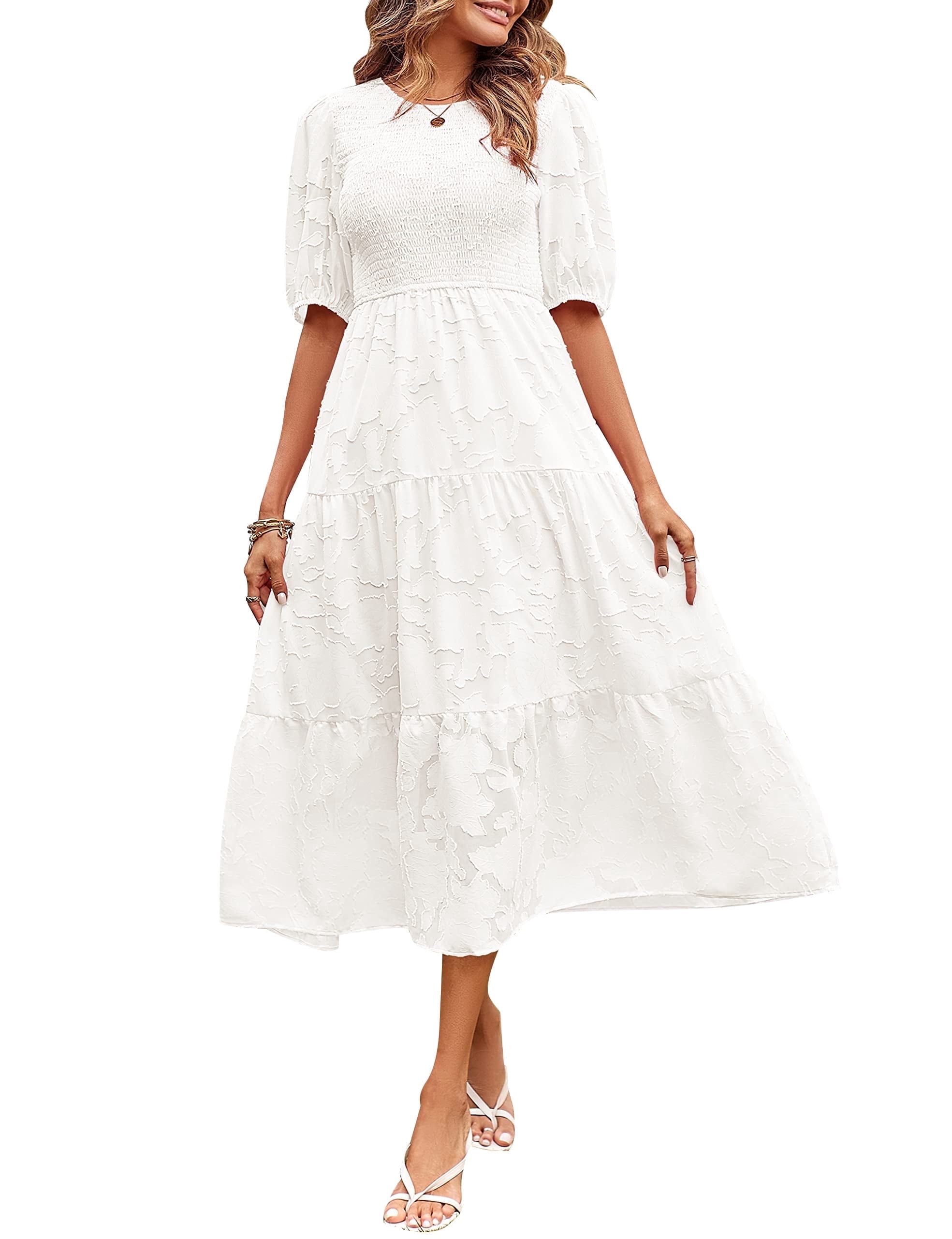 YOGAFOX Women's Floral Short Puff Sleeve Smocked Flowy Dress 2025 ...