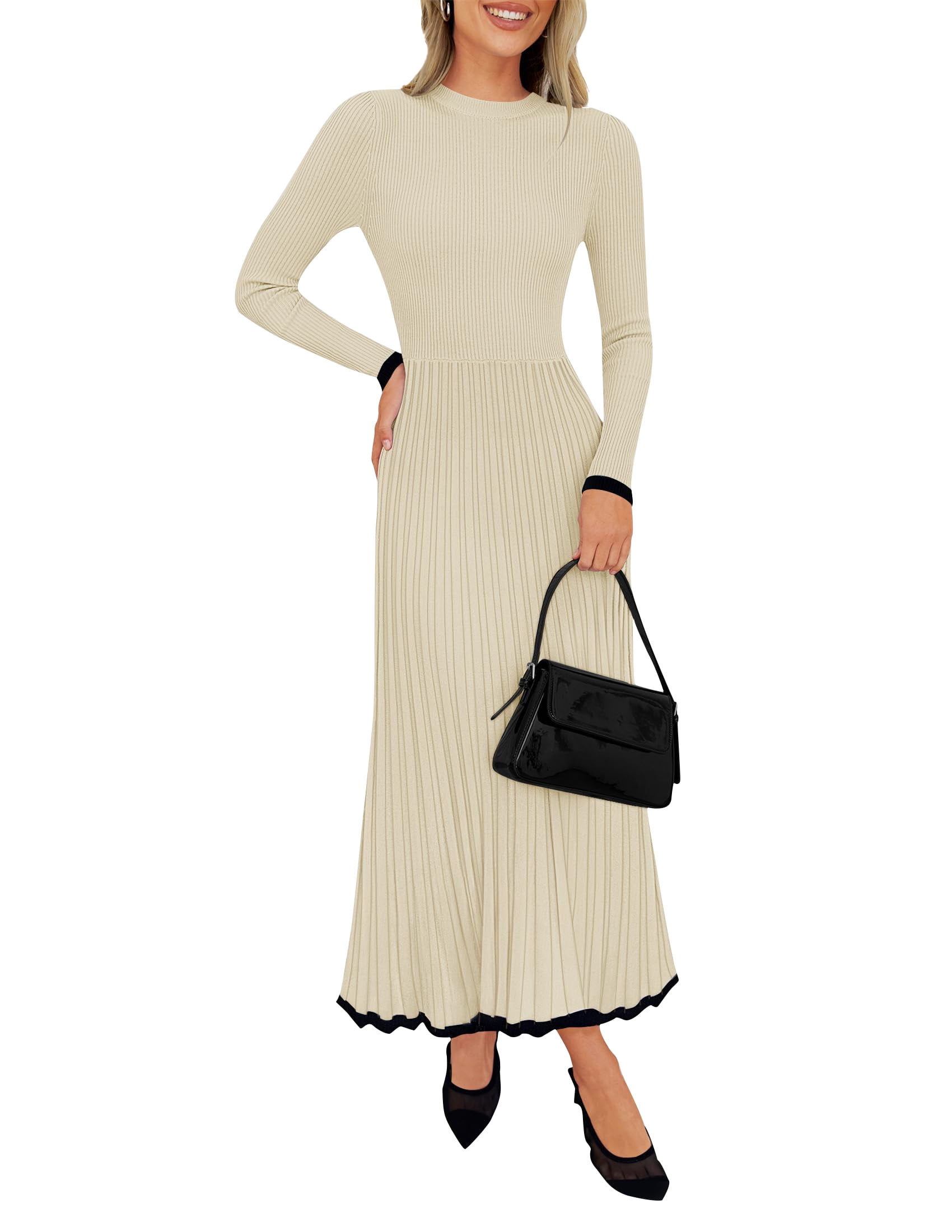 YOGAFOX Women's Ribbed Knit Pleated Long Sleeve Cocktail Party Maxi ...