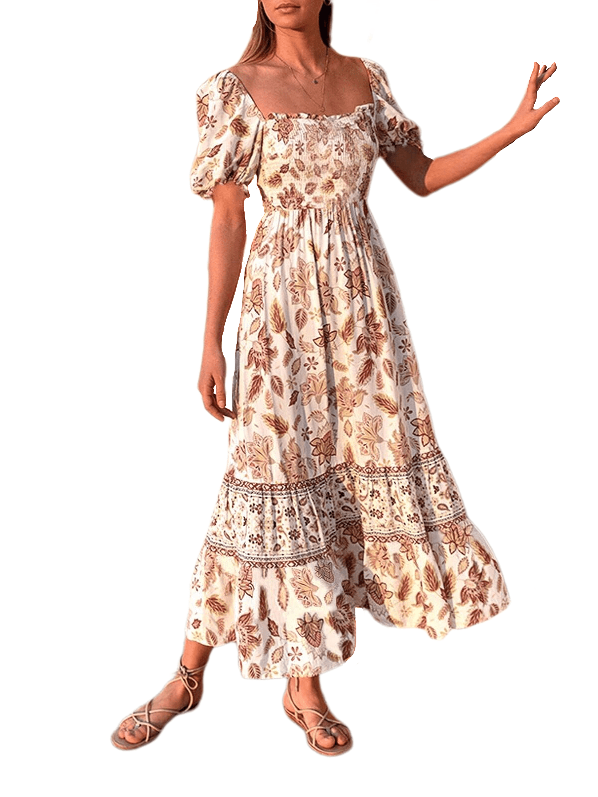 YOGAFOX Women Summer Boho Floral Square Neck Ruffle Beach Maxi Dress Ivory,XL - Walmart.com