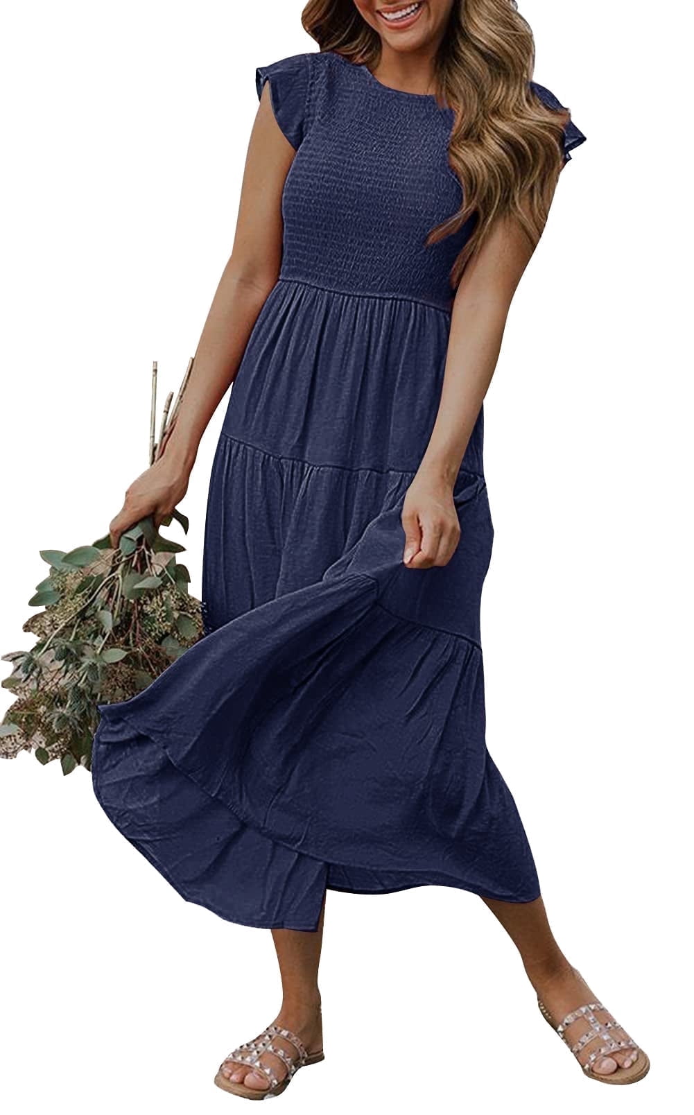 YOGAFOX Women s Summer Smocked Flowy Swing Tiered Midi Dress Navy L yogafox-women-s-summer-smocked-flowy-swing-tiered-midi-dress-navy-l