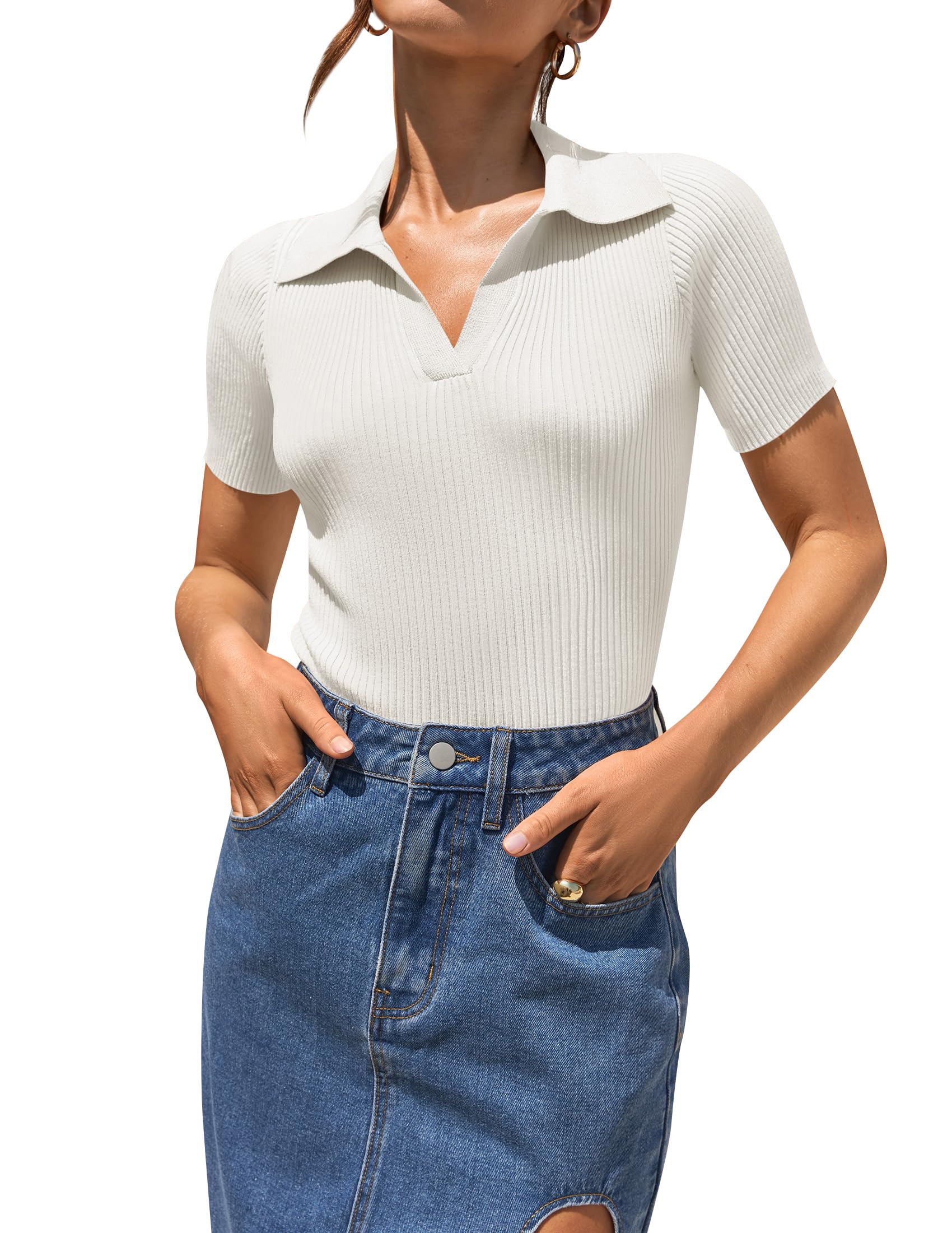 YOGAFOX Women's V Neck Short Sleeve Ribbed Shirts Summer Slim Basic ...