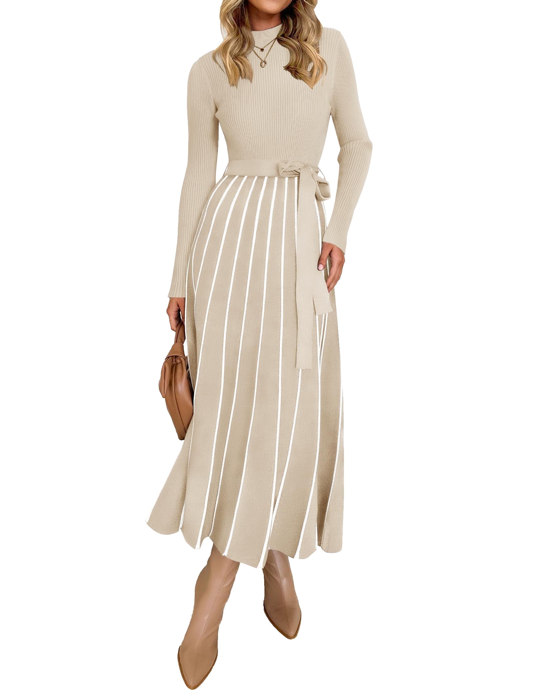 YOGAFOX Womens Fall Turtleneck Tie Waist Long Sleeve Ribbed Knit Midi ...