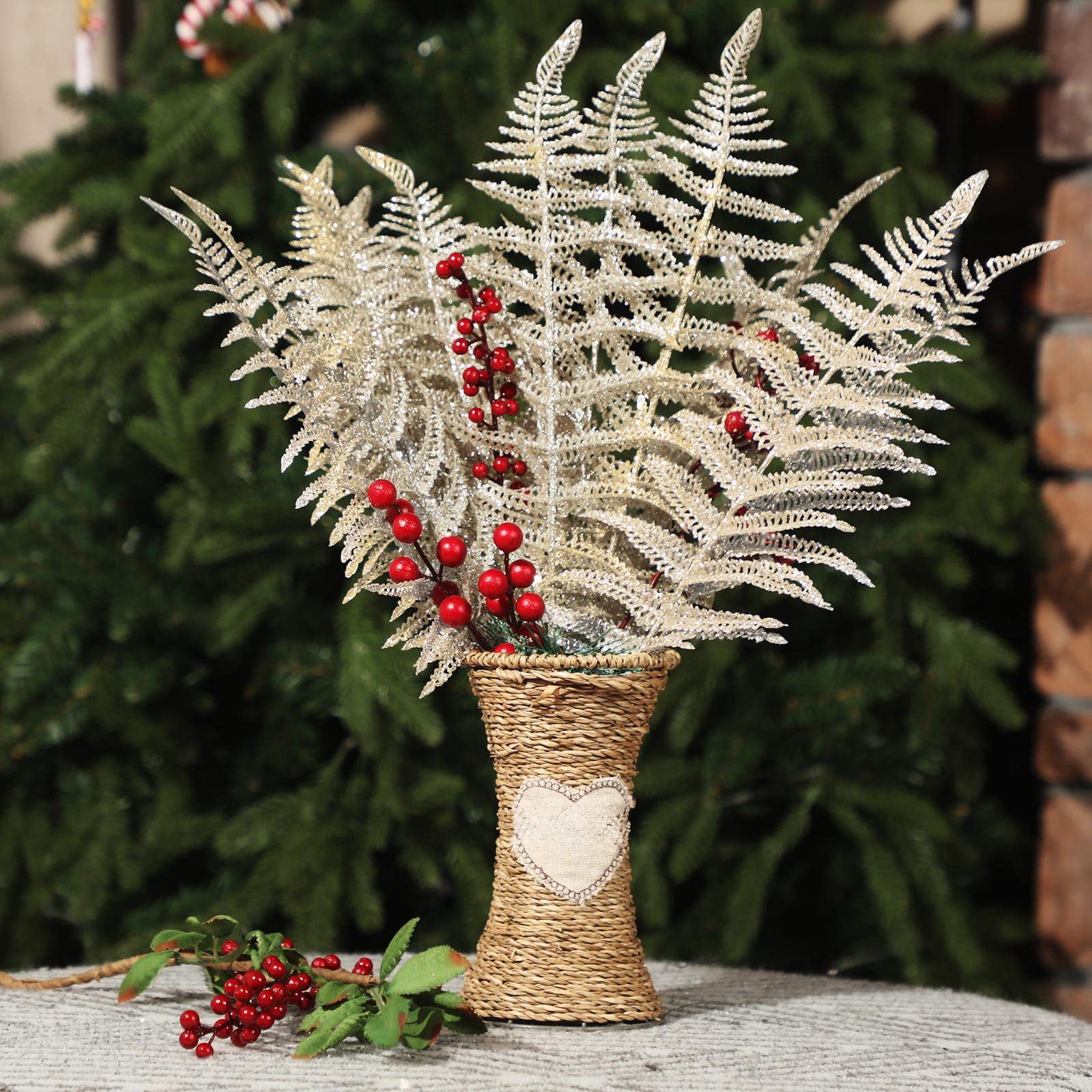YOHAVEN Christmas Glitter Leaf Spray 12 Pack Artificial Fern Leaves ...