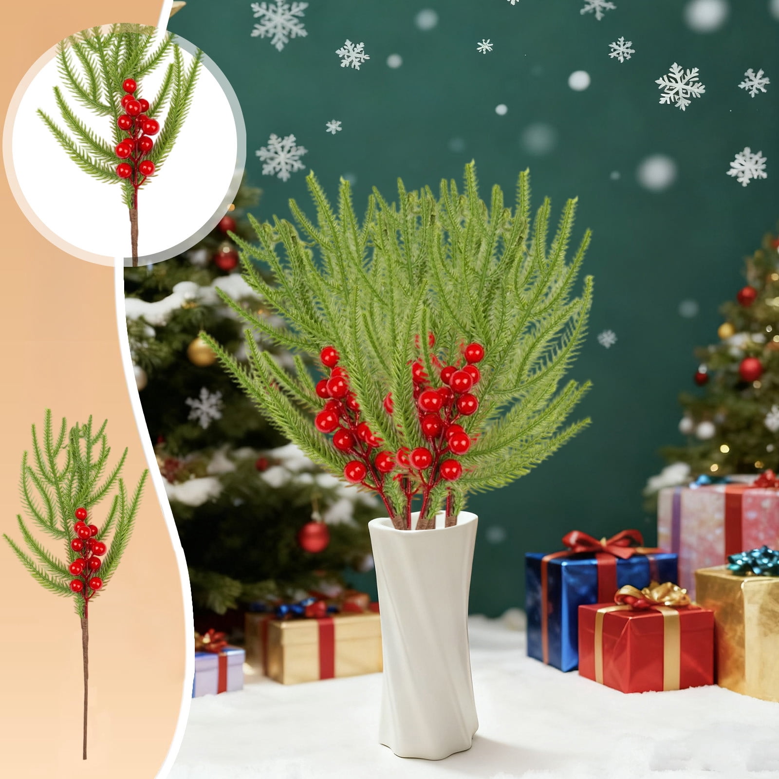 YOHAVEN Christmas Pines Needle Green Plant Cuttings, Red Berries and ...