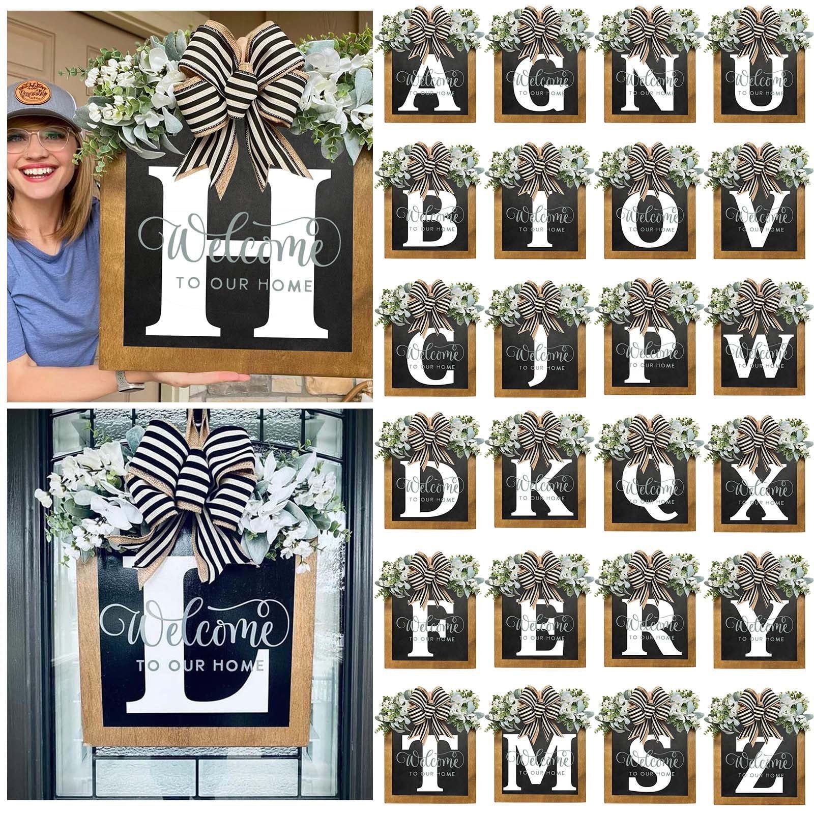 YOHAVEN Front Door Wreath with Last Name Letter, Wooden Hanging Plaques ...
