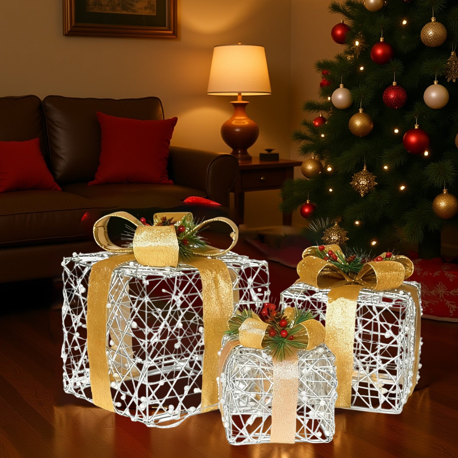 YOHAVEN LED Lighted Christmas Gift Boxes Set Large Medium Small with ...