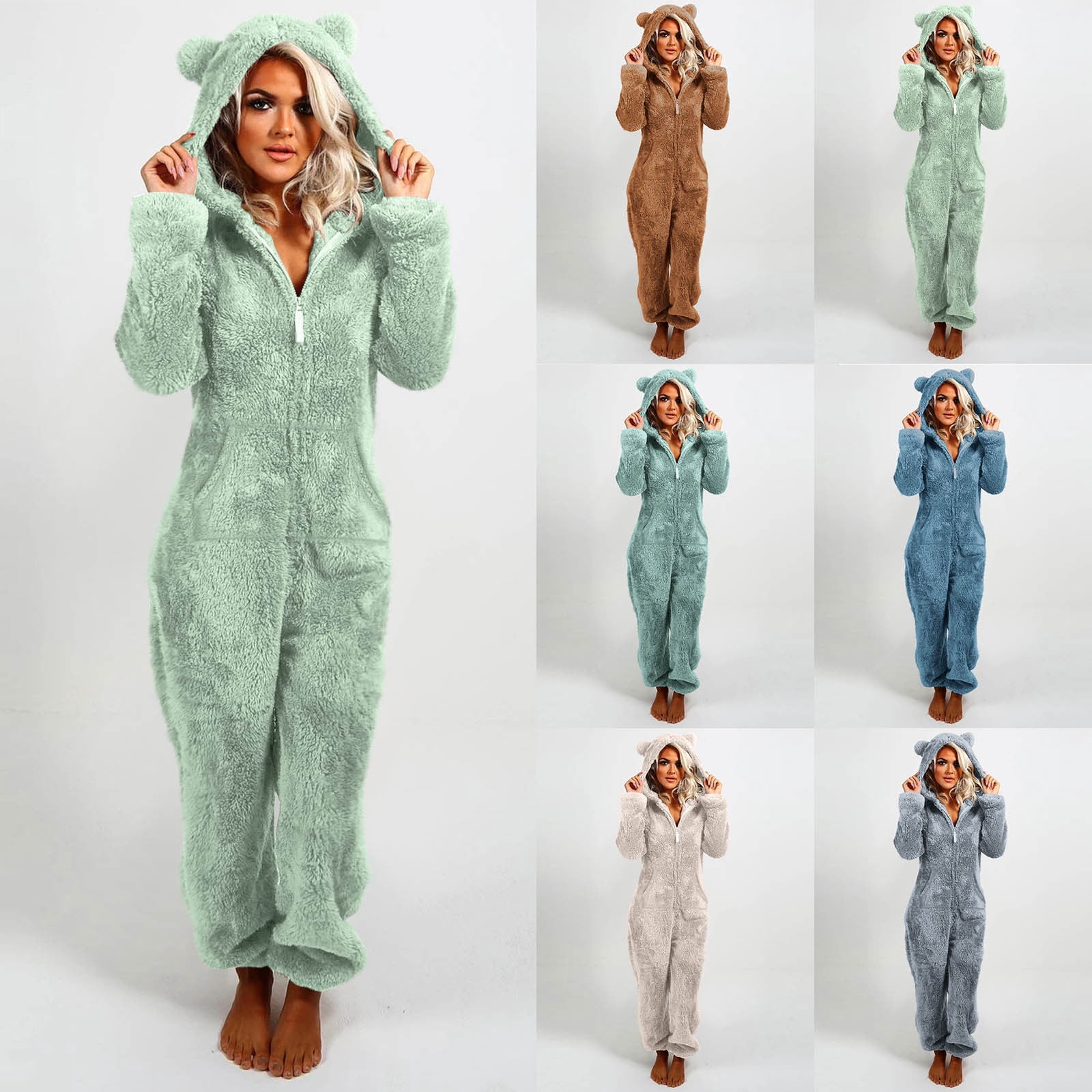 YOIAVAIOY Fuzzy Fleece One Piece Pajamas Warm Plush Hooded Jumpsuits ...