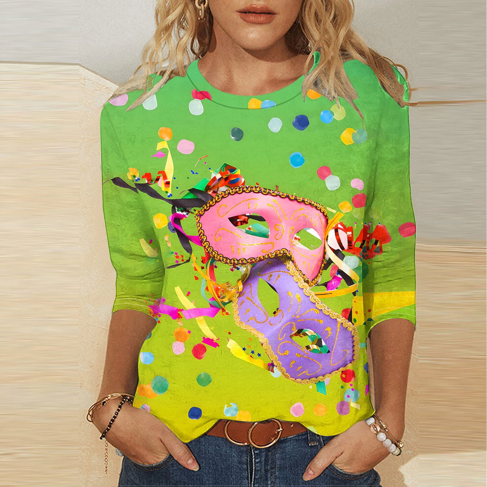 YOIAVAIOY Mardi Gras Shirts for Women Fancy Mask Printed 3/4 Sleeve ...