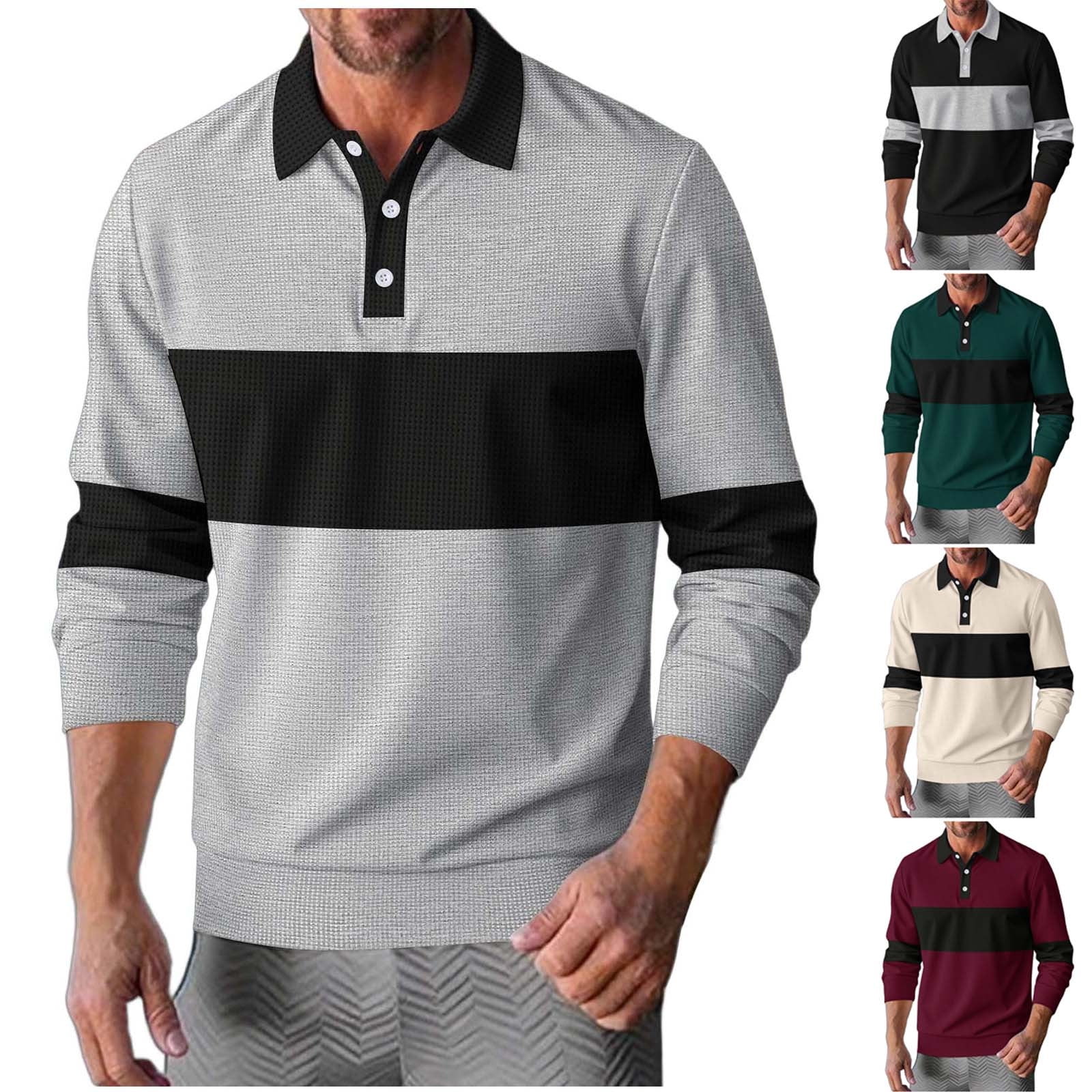 YOIAVAIOY Men Waffle Polos Shirt Textured Knit Slim Fit Long Sleeve ...