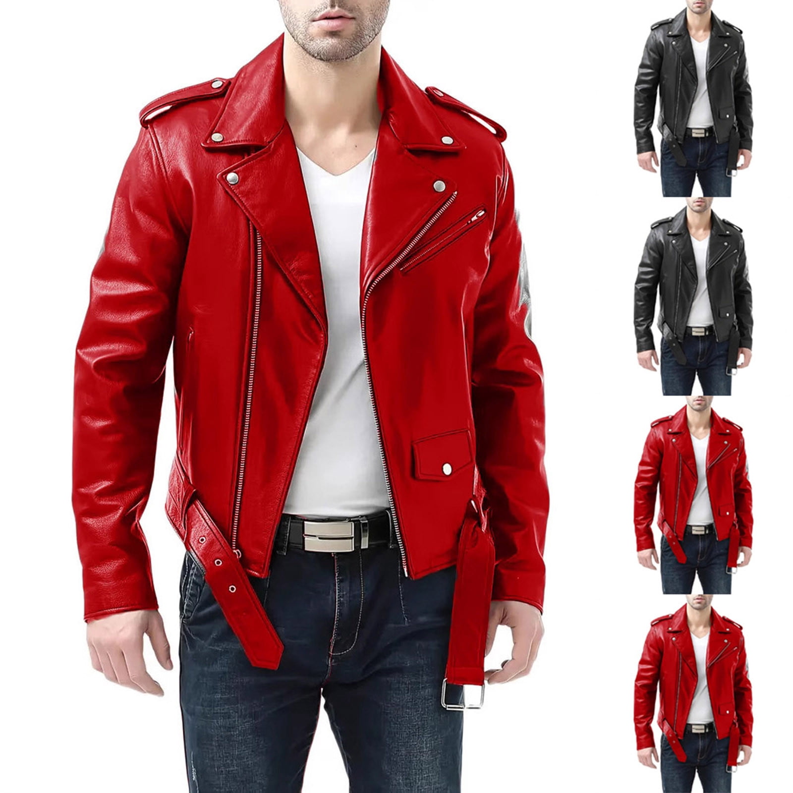YOIAVAIOY Men's PU Leather Jacket Belted Motorcycle Jacket Zipper Biker ...