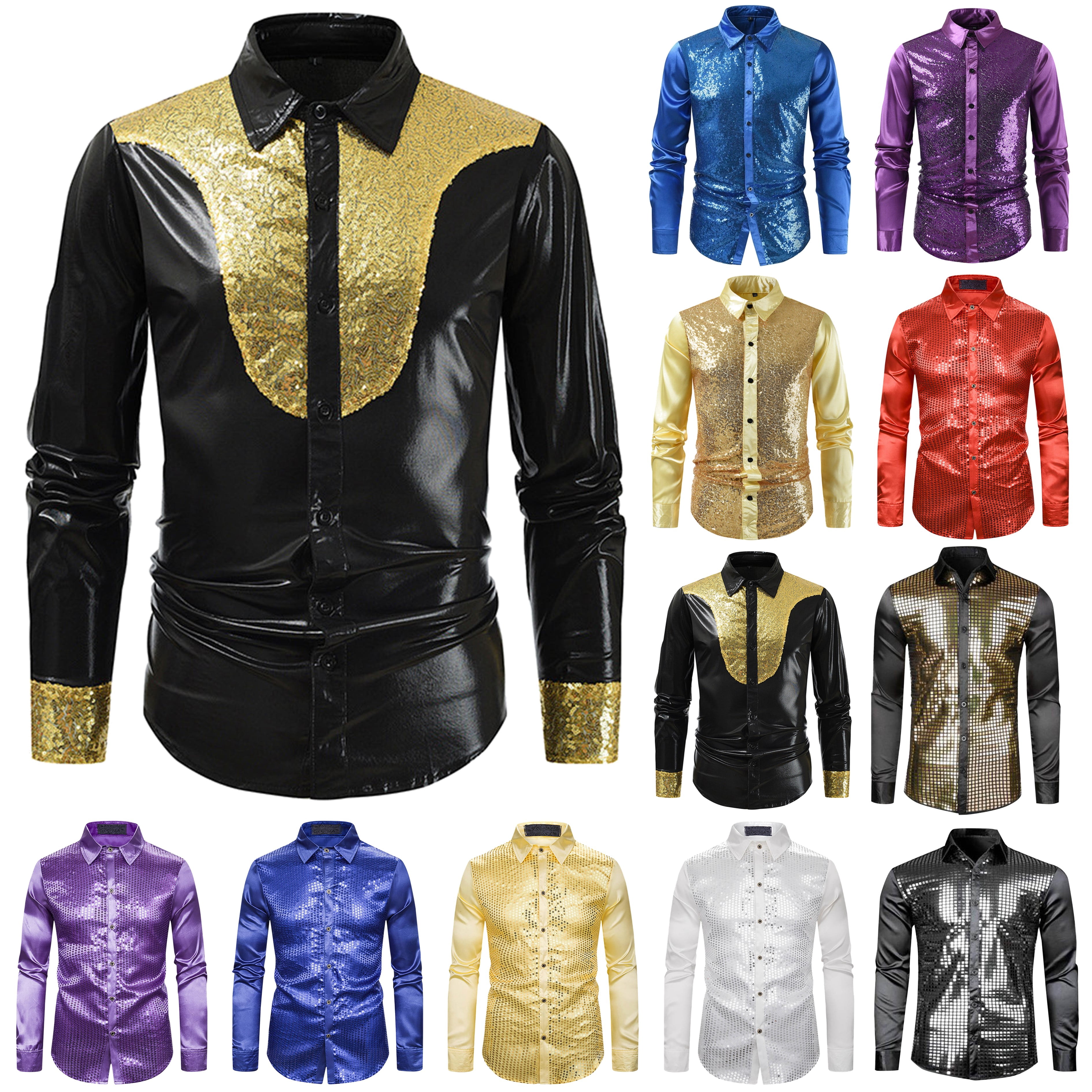 YOIAVAIOY Men's Sequin Dress Shirt Shiny Disco Costume Party Long ...