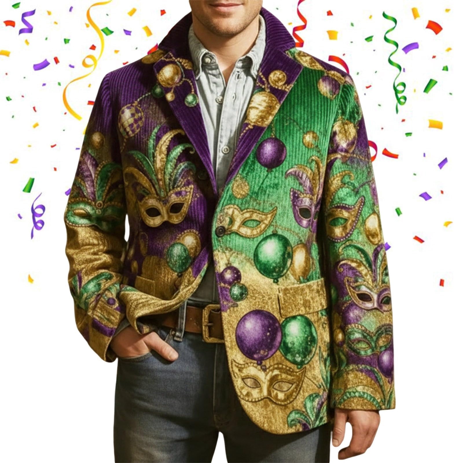 YOIAVAIOY Mens Mardi Gras Jacket Carnival Mask Feather Print Blazer ...