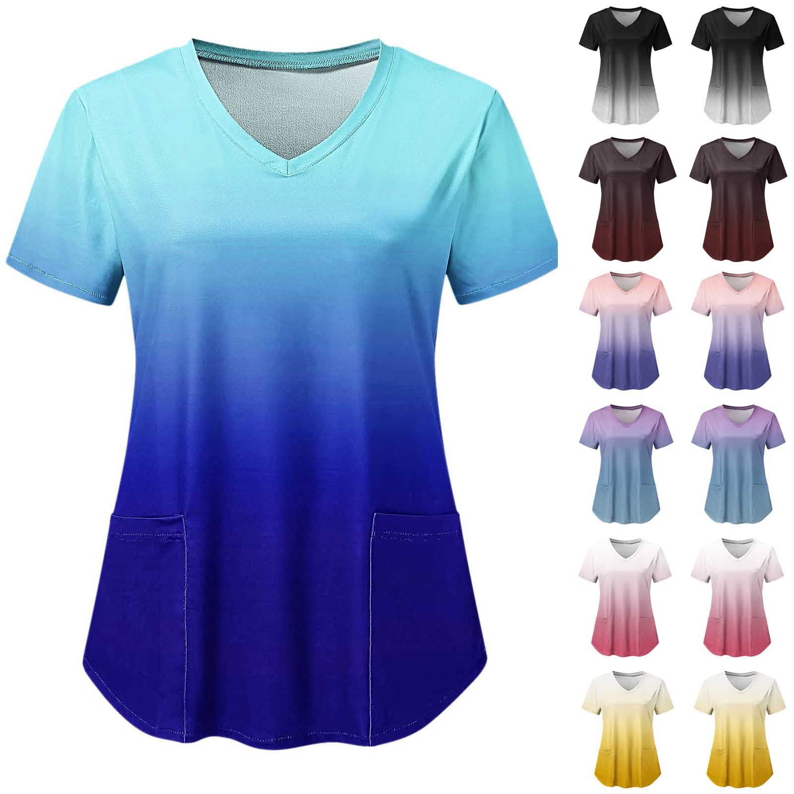 YOIAVAIOY Sky Blue Women Gradient V Neck Work Scrubs Short Sleeve ...